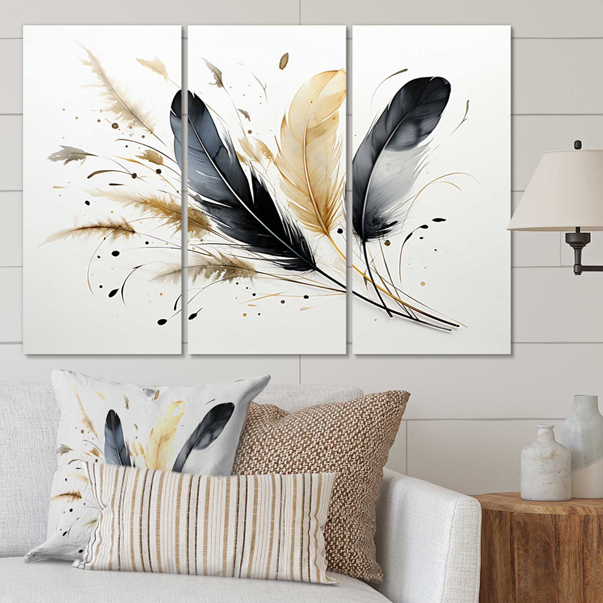 Bungalow Rose Asian Art Feathers Sumi IV On Canvas 3 Pieces Print | Wayfair
