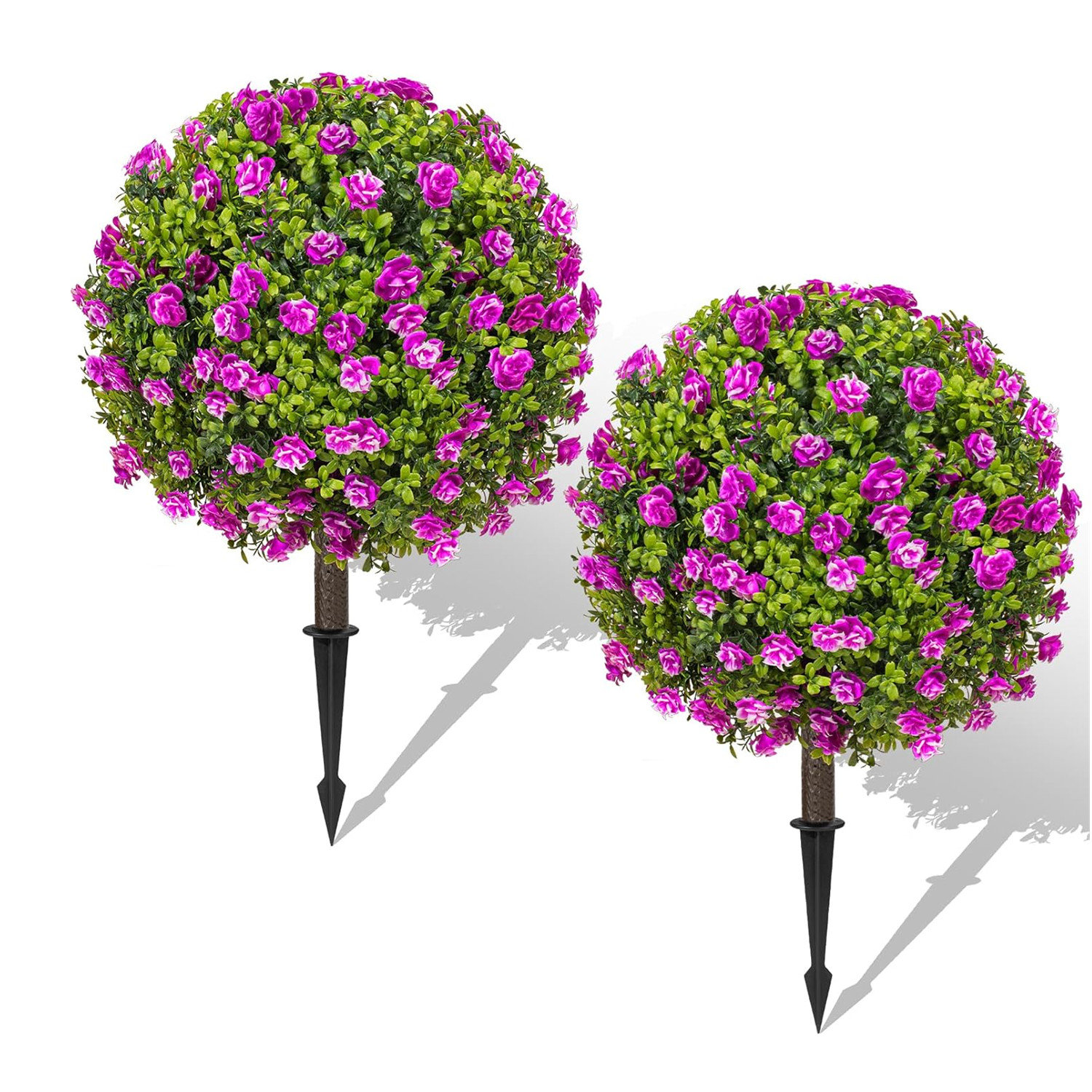 Primrue Set Of 2 Artificial Boxwood Trees With Purple Roseflowers,UV ...