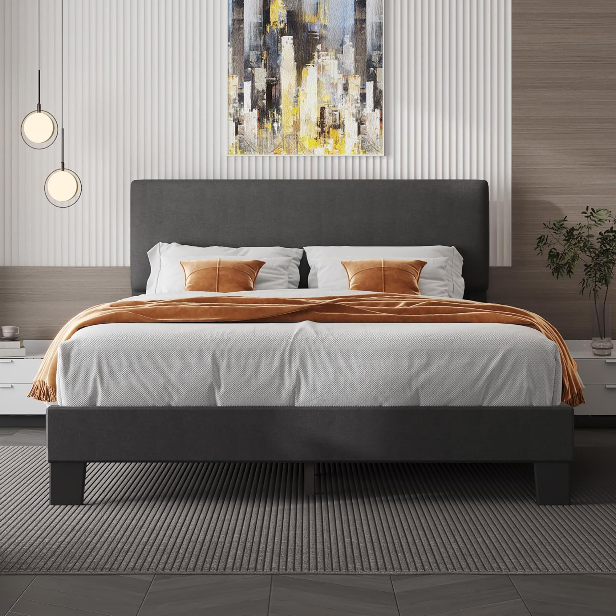 Ebern Designs Queen Bed Frame With Headboard,Linen Upholstered Bed ...