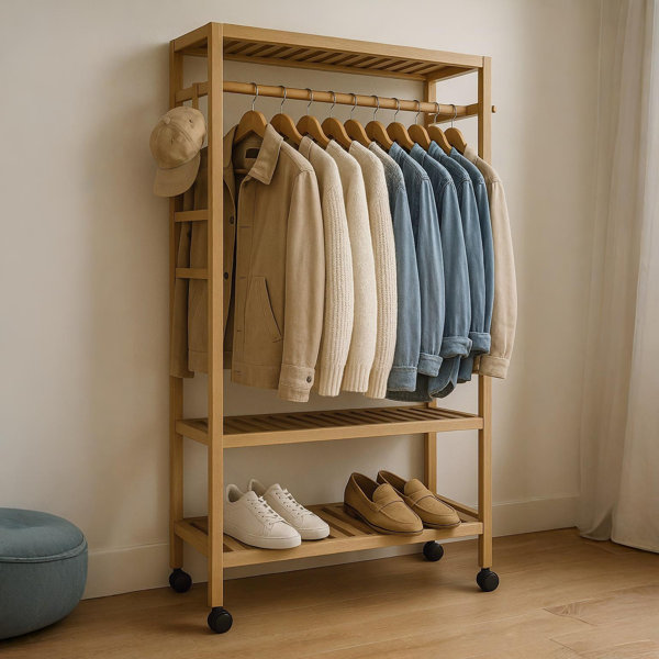 Latitude Run Wooden Clothes Rack | Portable Open Wardrobe with Shoe ...