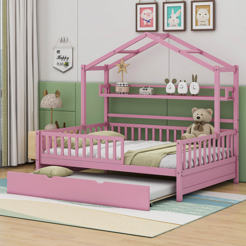 Cosmic Wooden Full Size House Bed with Twin Size Trundle and Shelf ...