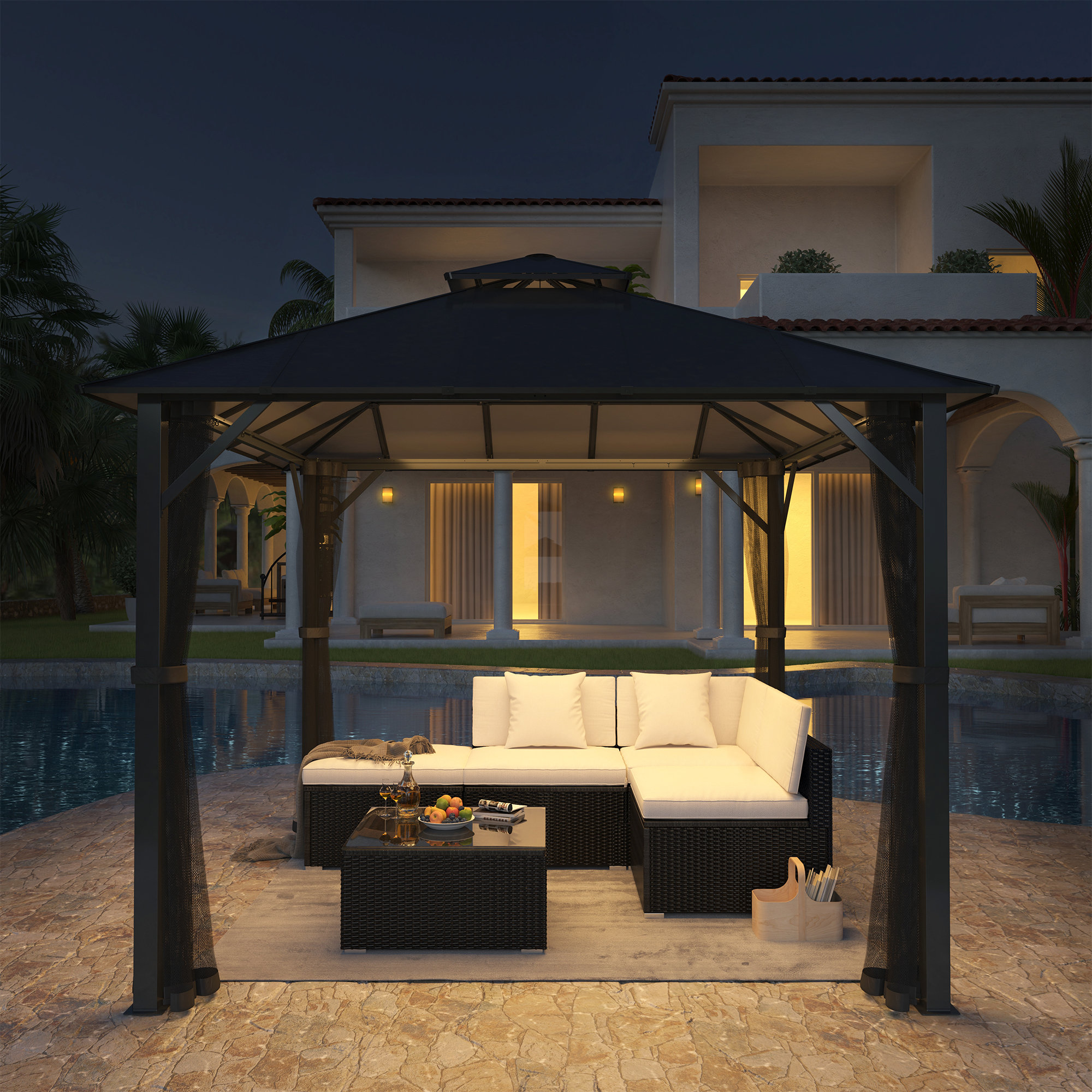 clihome 5-Piece Outdoor Patio Wicker Corner Sofa Set With 10 Ft. X 10 ...