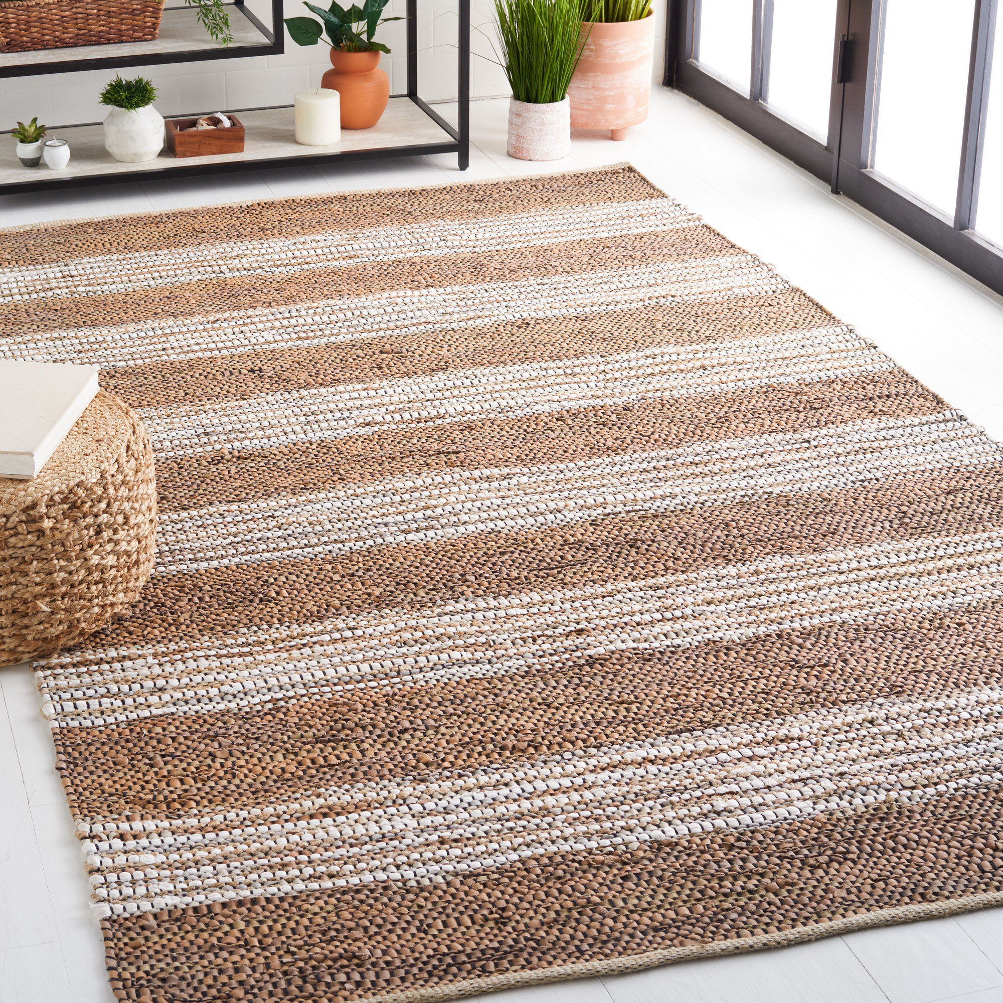 Gracie Oaks Geremiah Vintage Leather Hand Woven Leather/Jute Striped ...