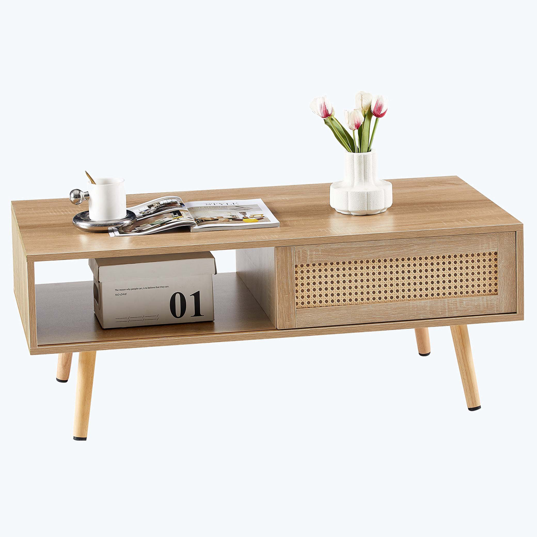 Bayou Breeze Rattan Coffee table, sliding door for storage, solid wood ...