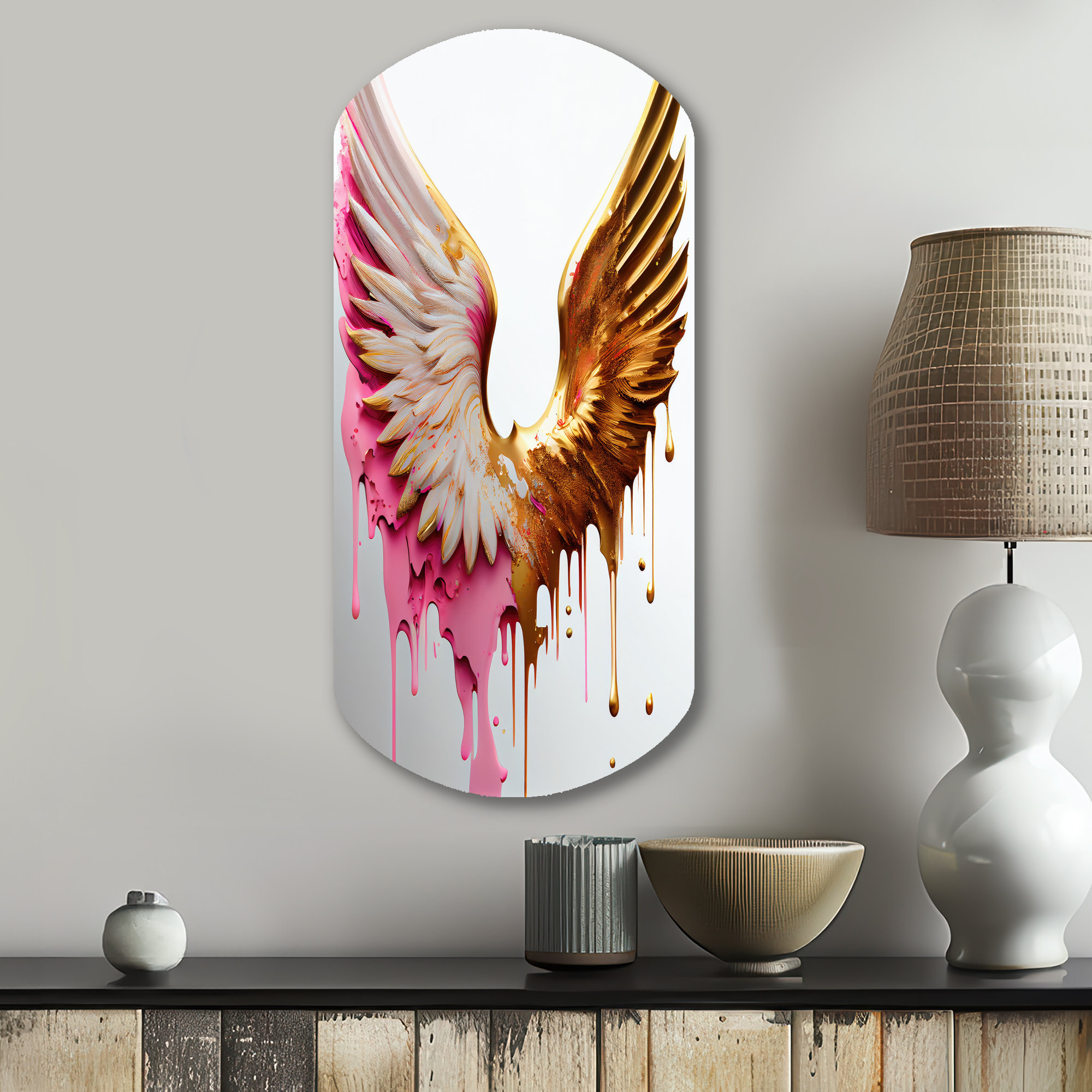 Design Art Dusty Pink Angel Wings - Abstract Cylinder Shape Metal Wall ...