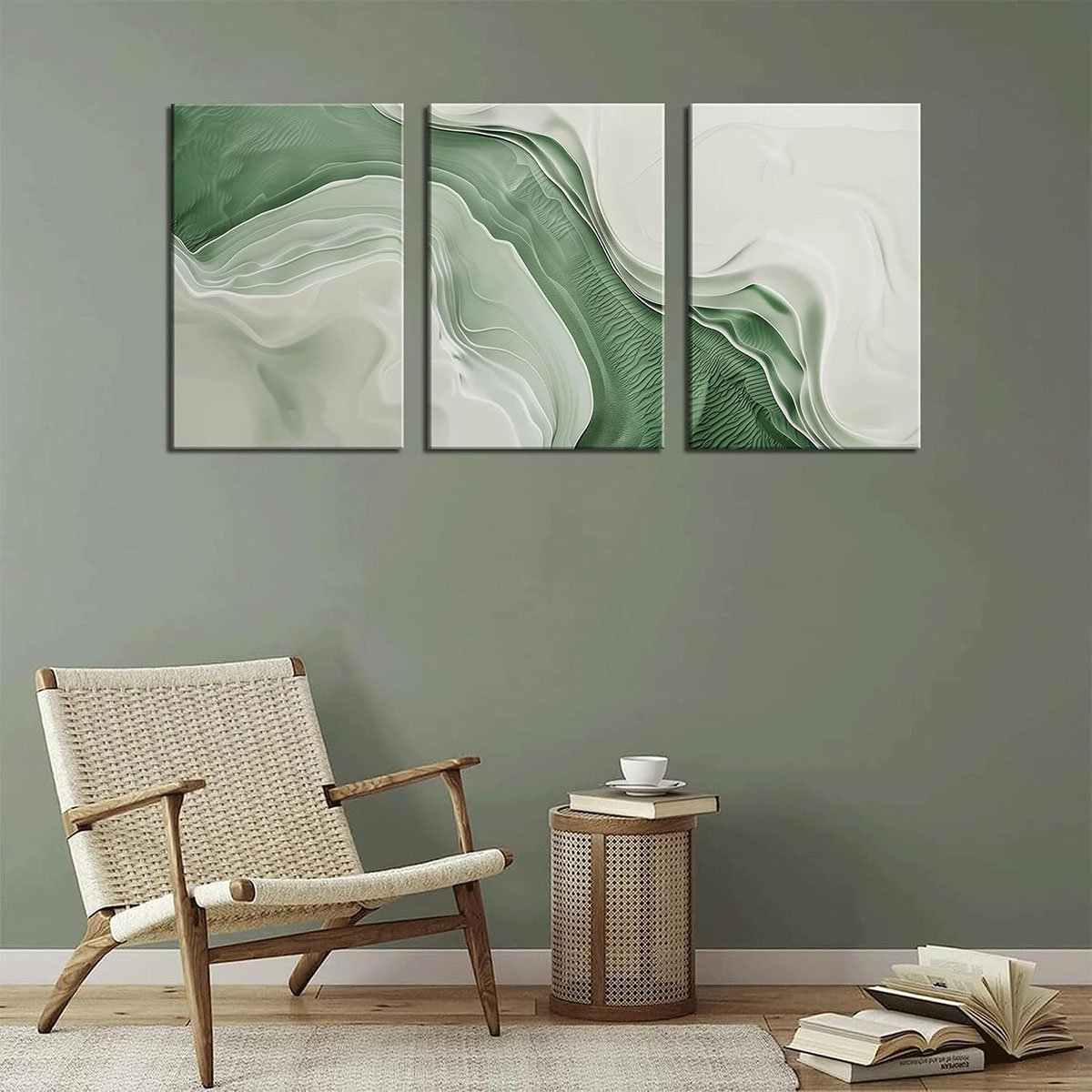 Ivy Bronx 3Pcs Minimalist Green Abstract Canvas Wall Art Modern Neutral ...