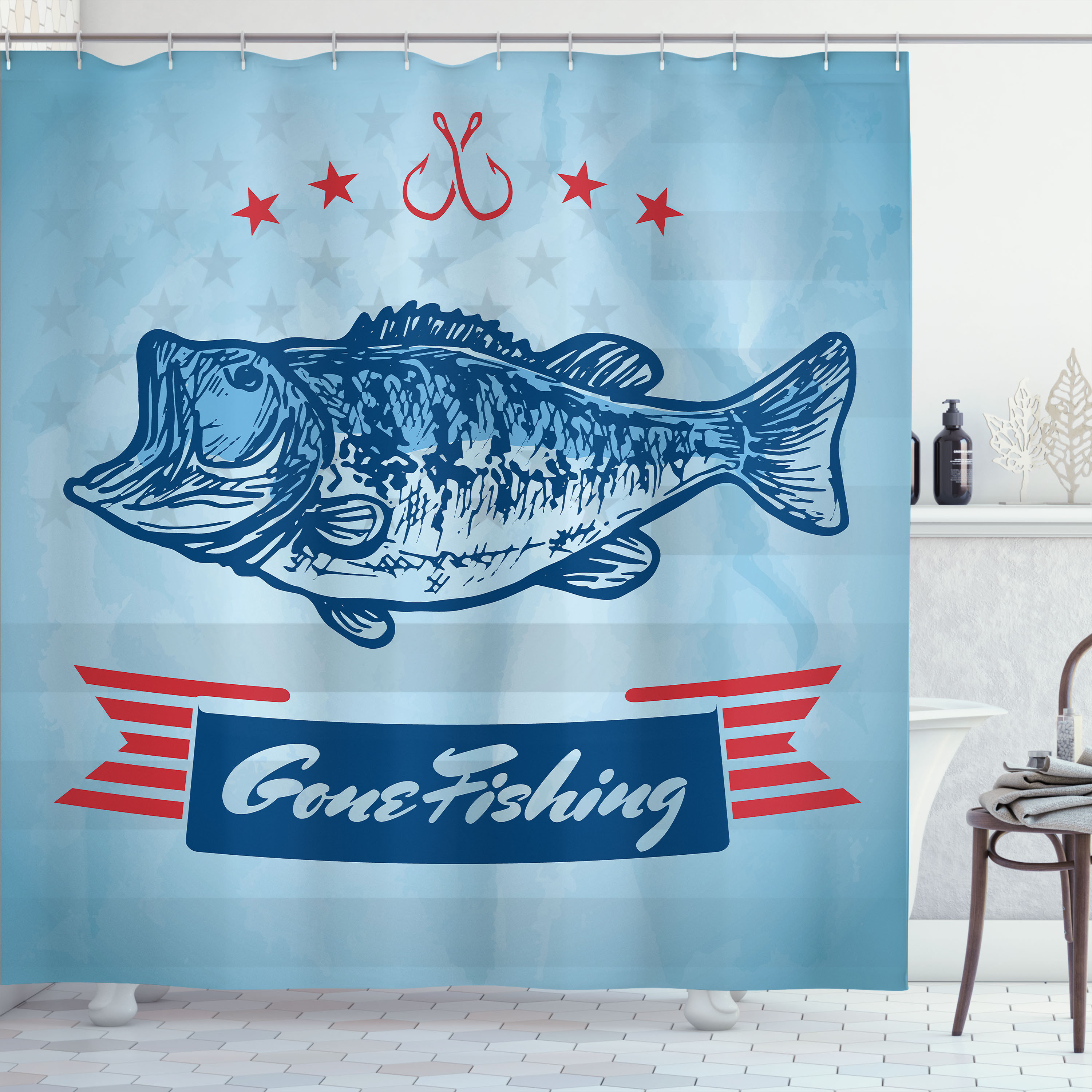 Bungalow Rose Fishing Theme Shower Curtain Throat Fish USA Flag ...
