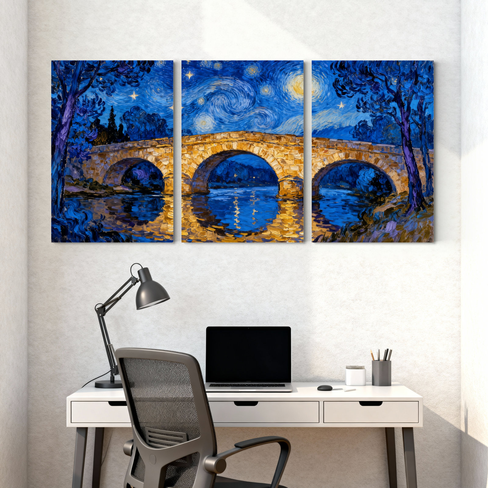 Winston Porter Abstract Starry Night Bridge Reflection Landscape Art ...