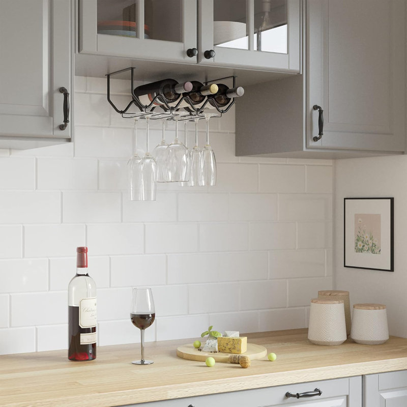 Prep & Savour Under Cabinet Wine Rack And Glasses With 4 Bottle, Black ...