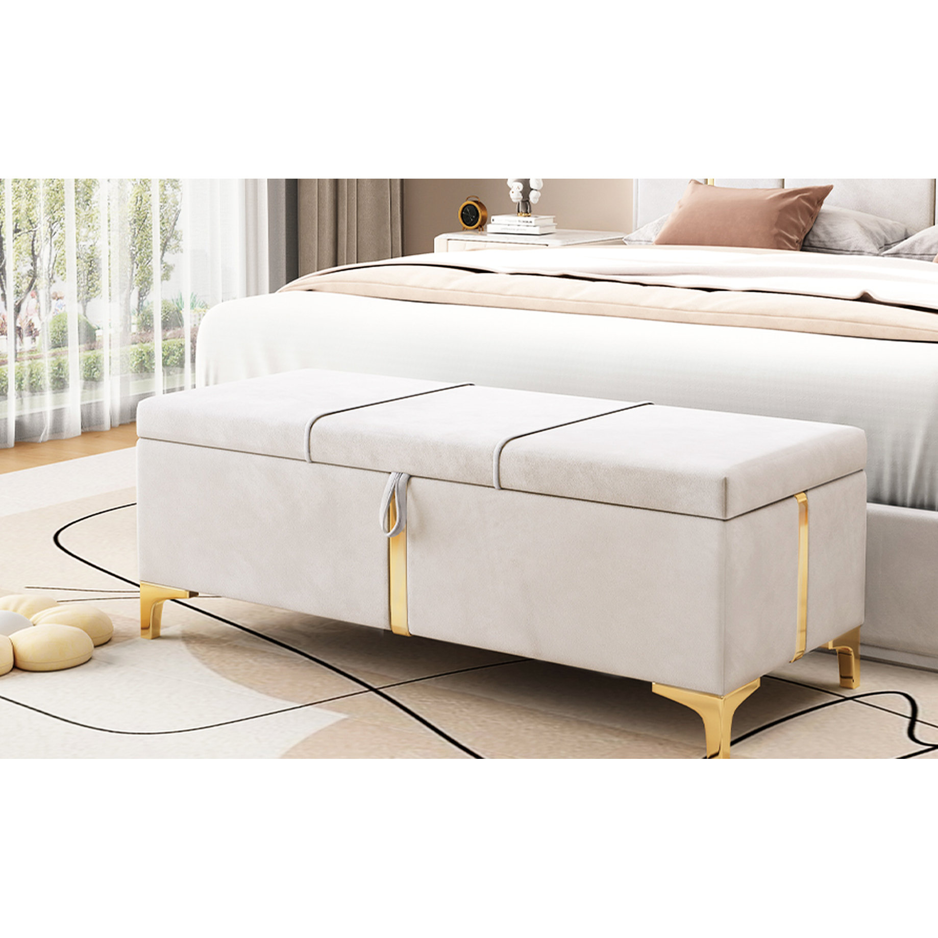 Mercer41 Elegant Beige Storage Bench, Metal Legs, For Bedroom And ...