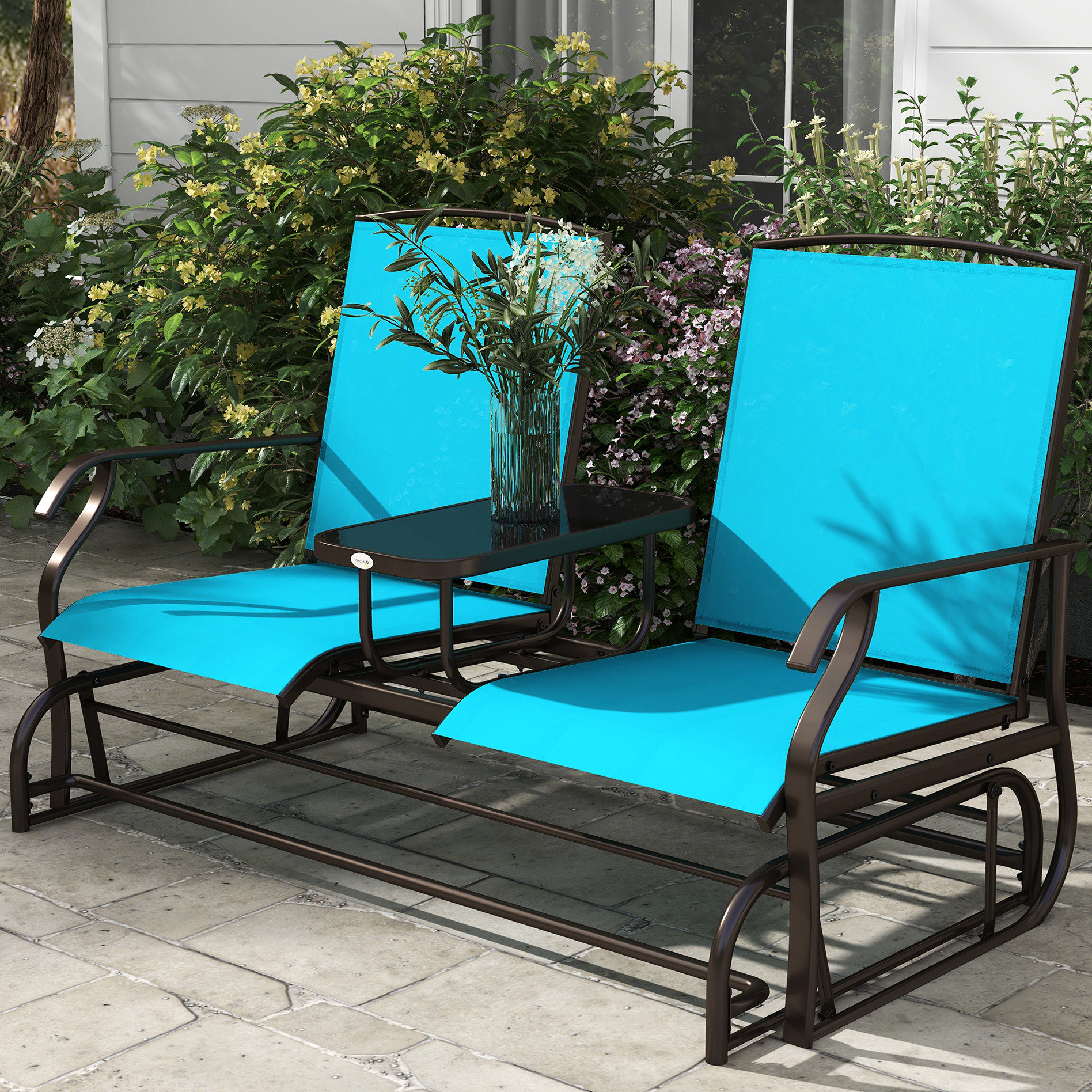 Williston Forge Blue Patio Glider Bench With Center Table. Steel Frame ...