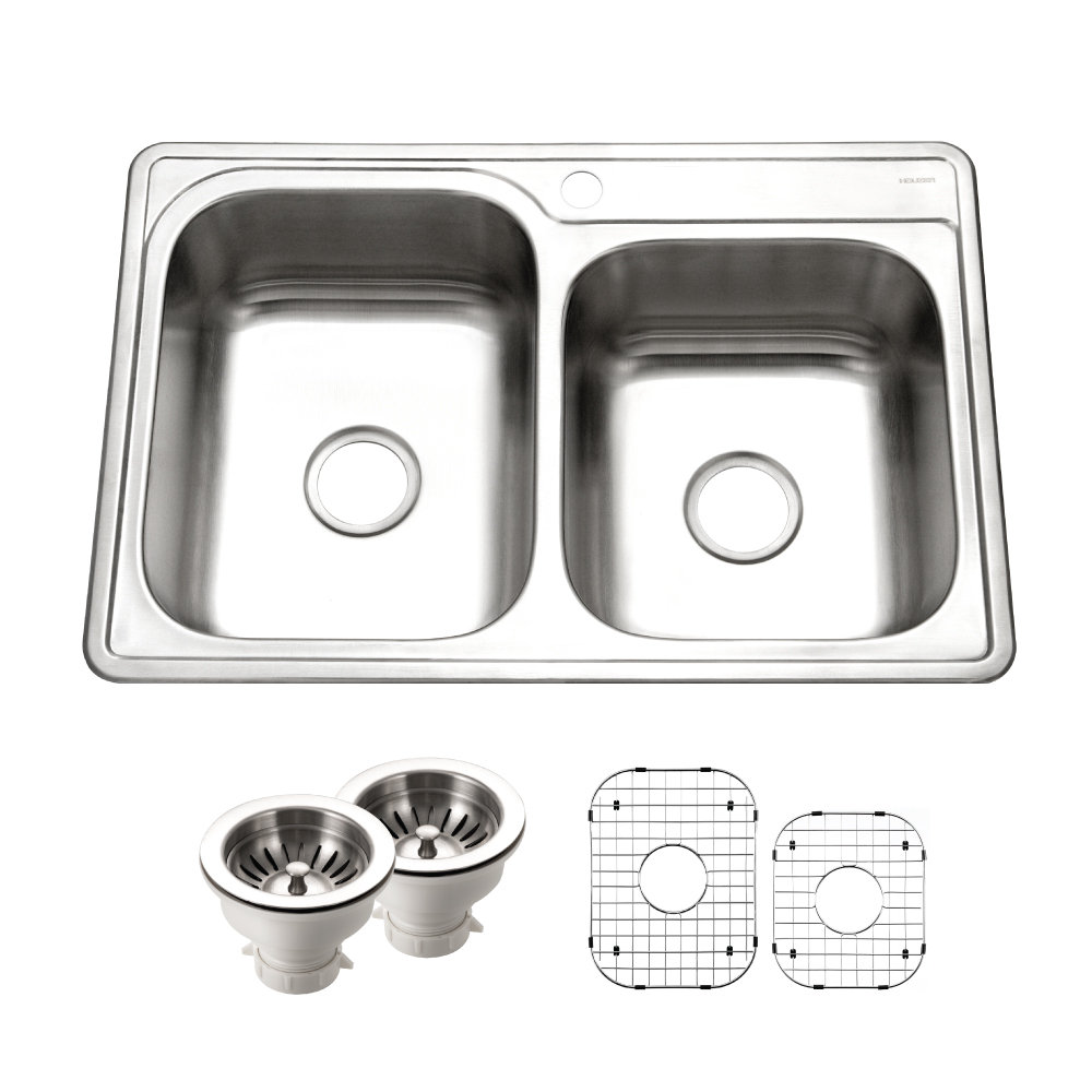 Houzer 33 in Stainless Topmount 60/40 Double Kitchen Sink w/ Strainers ...