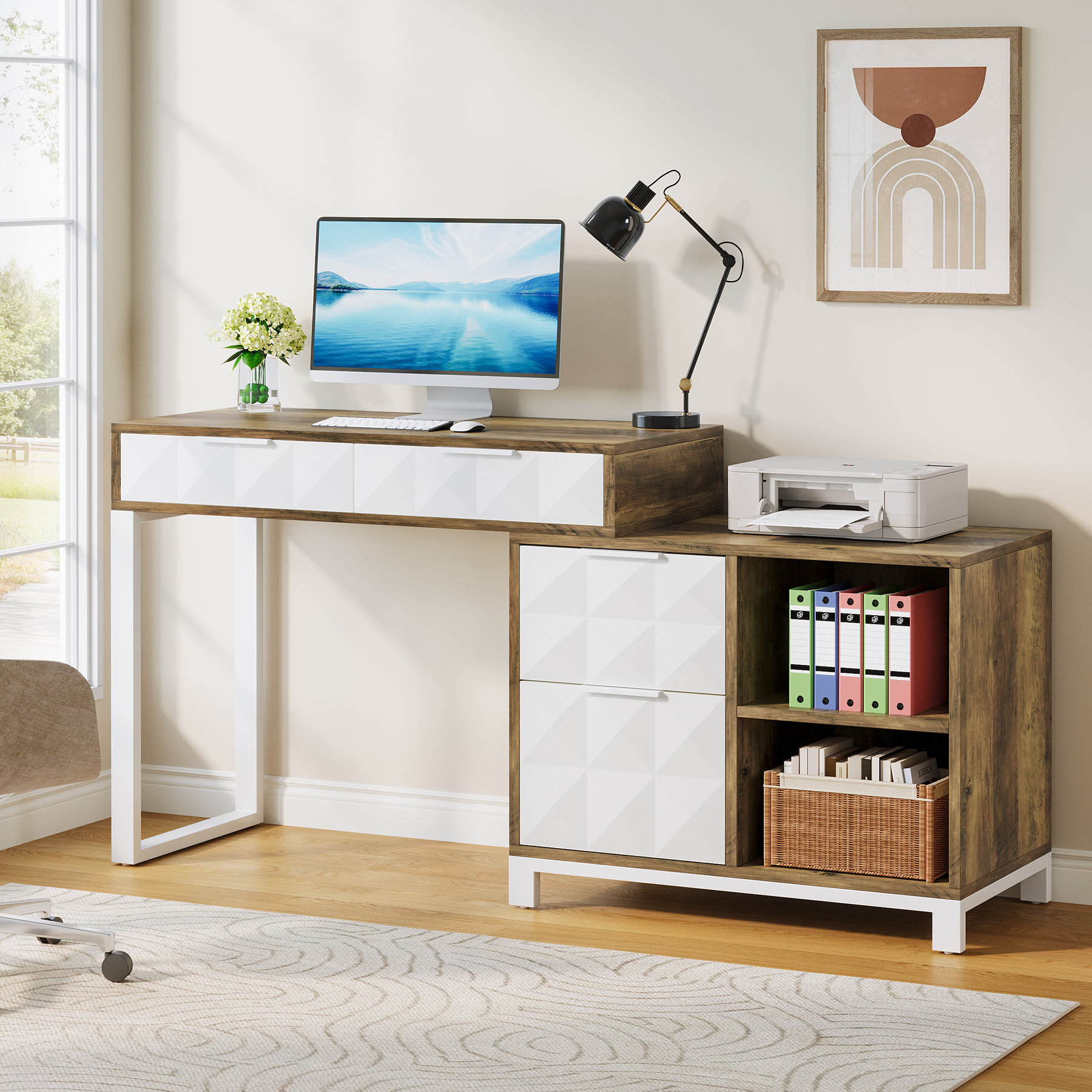 Ebern Designs Dru Extendable Computer Desk with Storage Drawers & Open ...