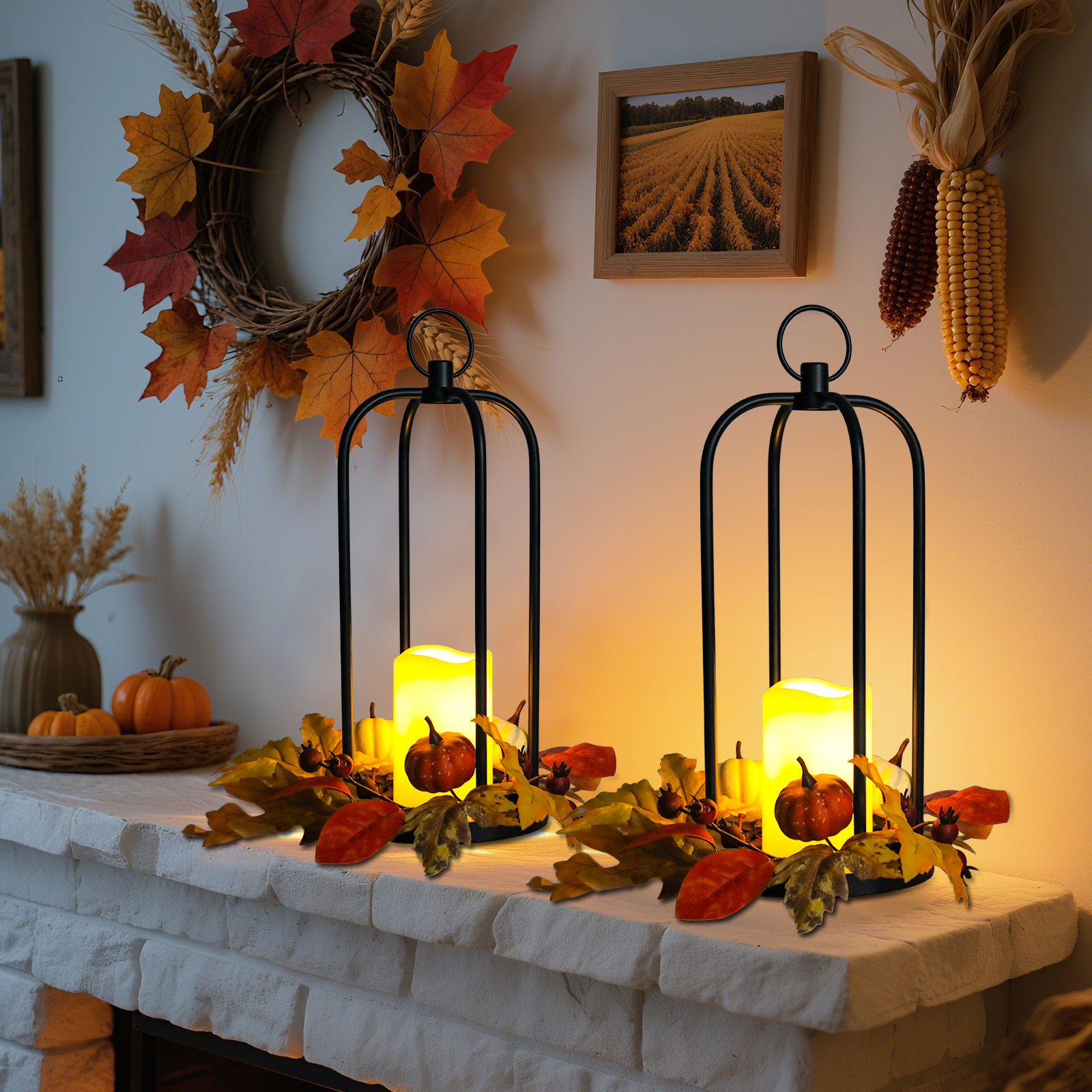 WONDER garden 2 Piece Autumn Harvest Metal Lantern Set With With ...