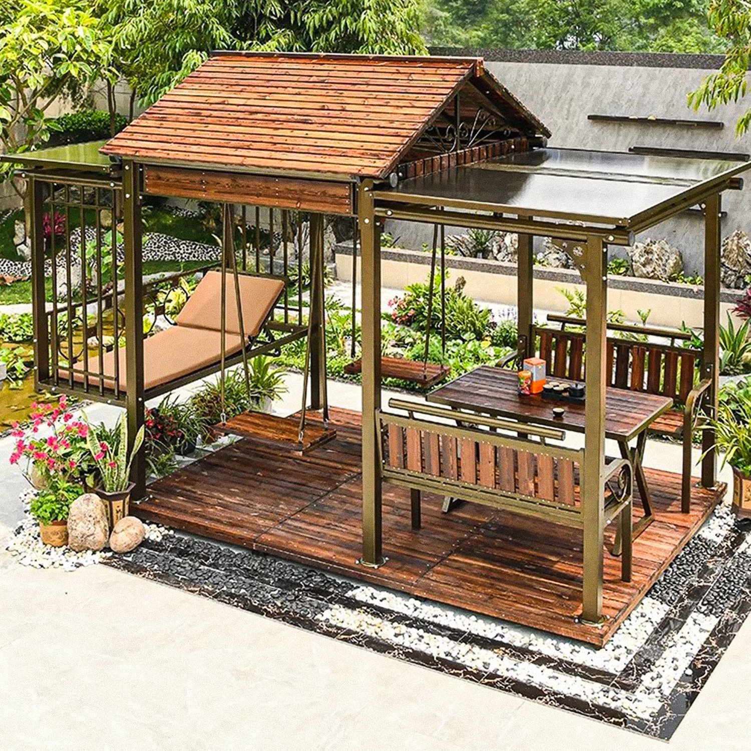 Zalap 124'x82'Triangle Top Charred Pine Gazebo / 2 Side Sitting Boards ...