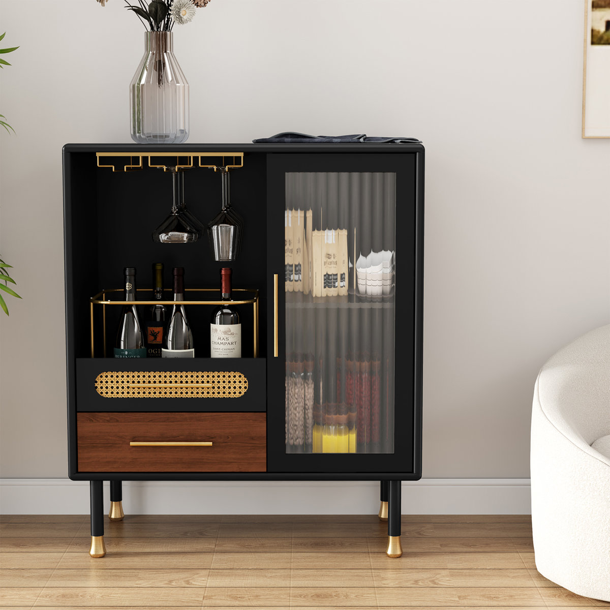 Mercer41 Modern Coffee Bar Cabinet with Wine Glass Rack and Storage ...
