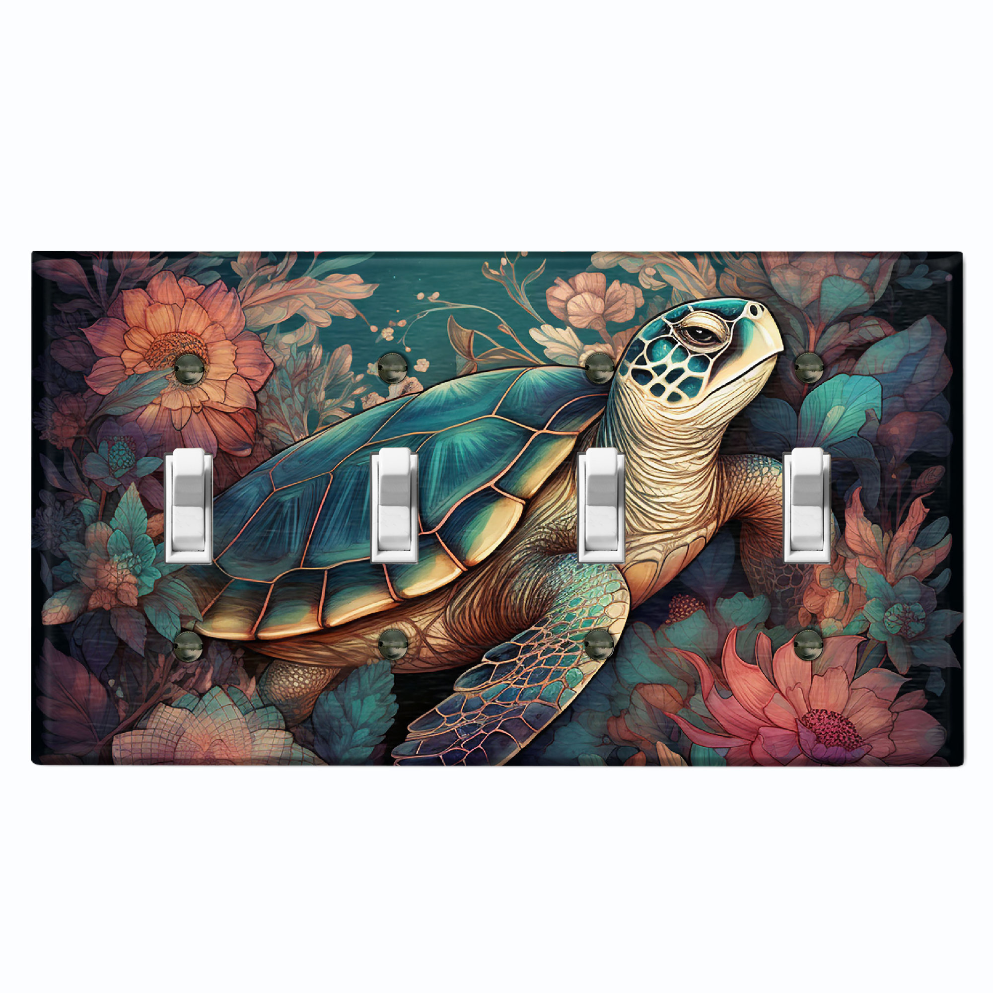 WorldAcc Ocean Turtle Green Flower Nature Themed 4 - Gang Toggle Light ...