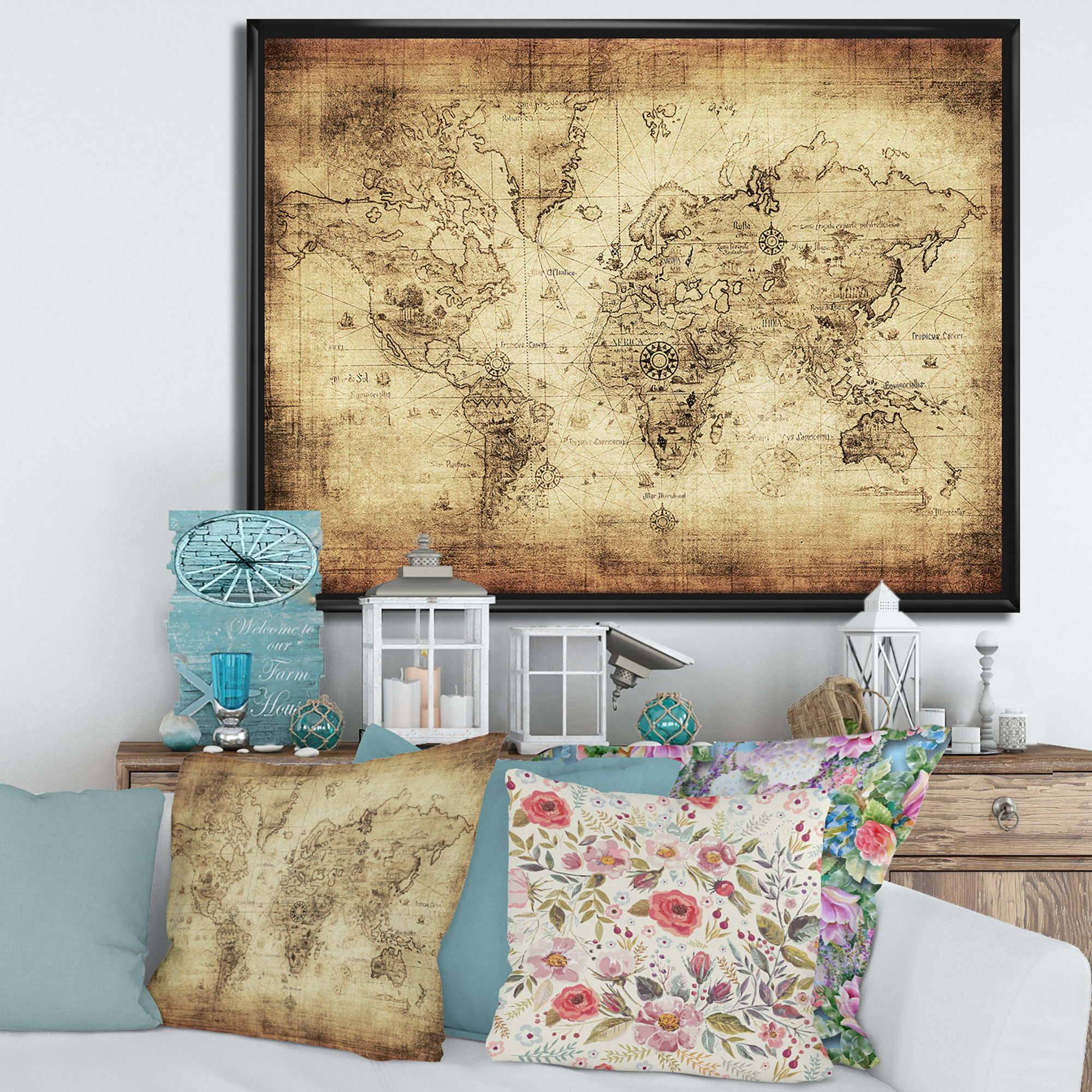 East Urban Home Ancient Map Of The World IV - Floater Frame Print on ...