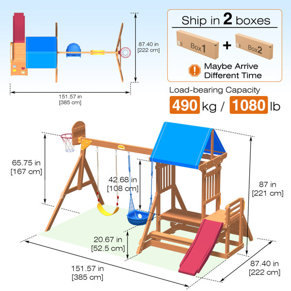 SuniBoxi Kids Swing Set: Wooden Playground, Wave Slide, Climbing Wall ...