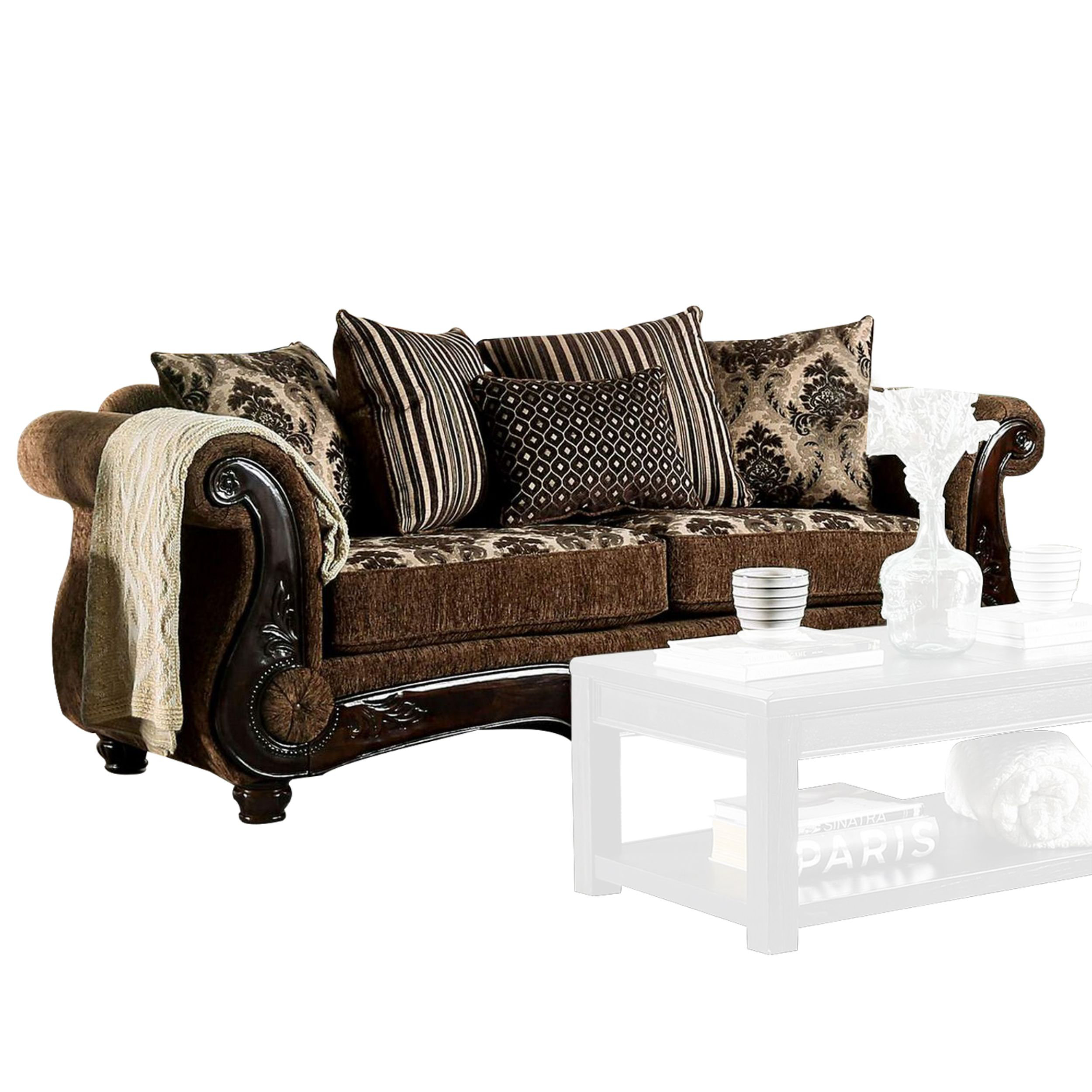 Bloomsbury Market Sofa With Damask Pattern And Rolled Arms, Brown ...