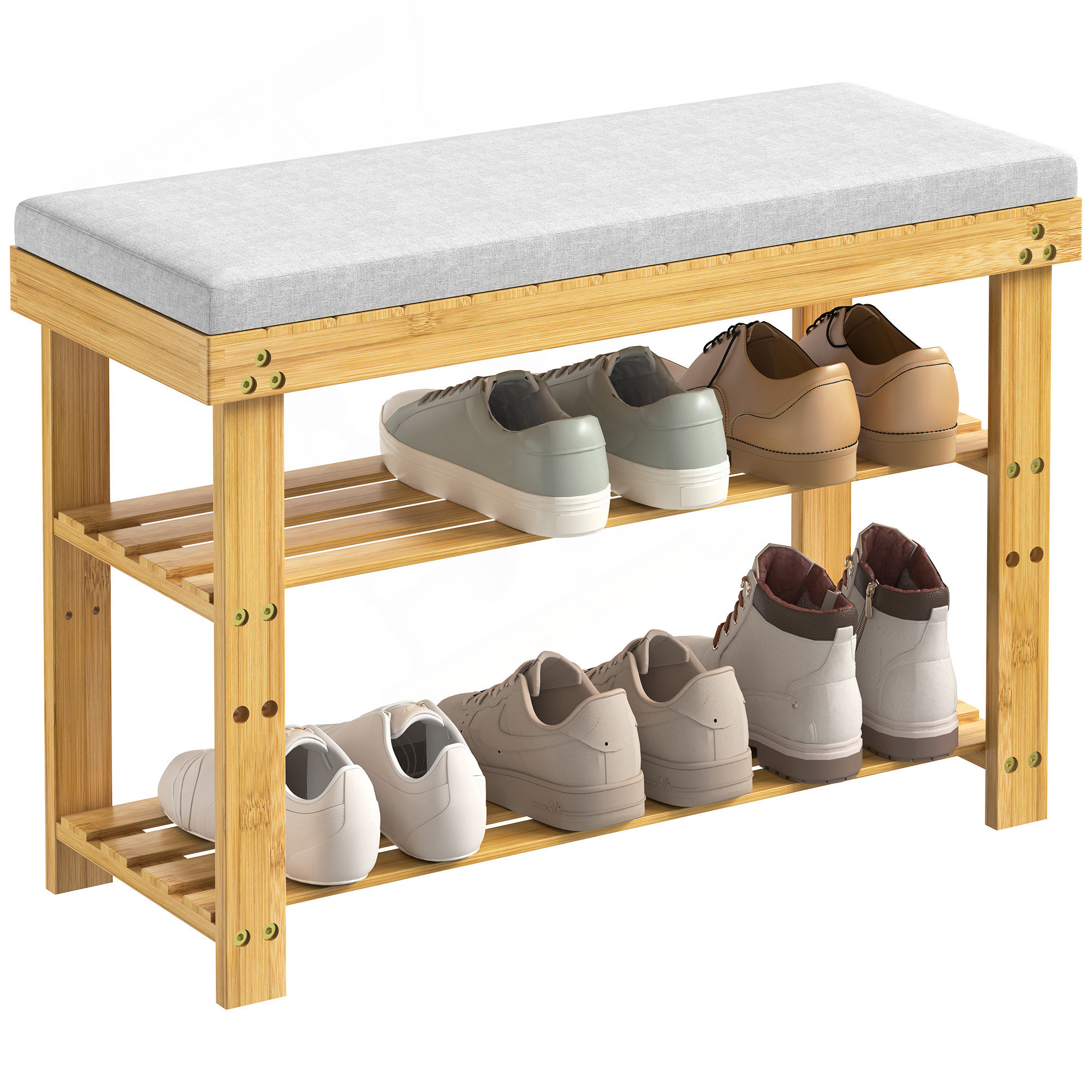 George Oliver Bamboo Shoe Bench With Cushion, 3-Tier Adjustable Shelves ...