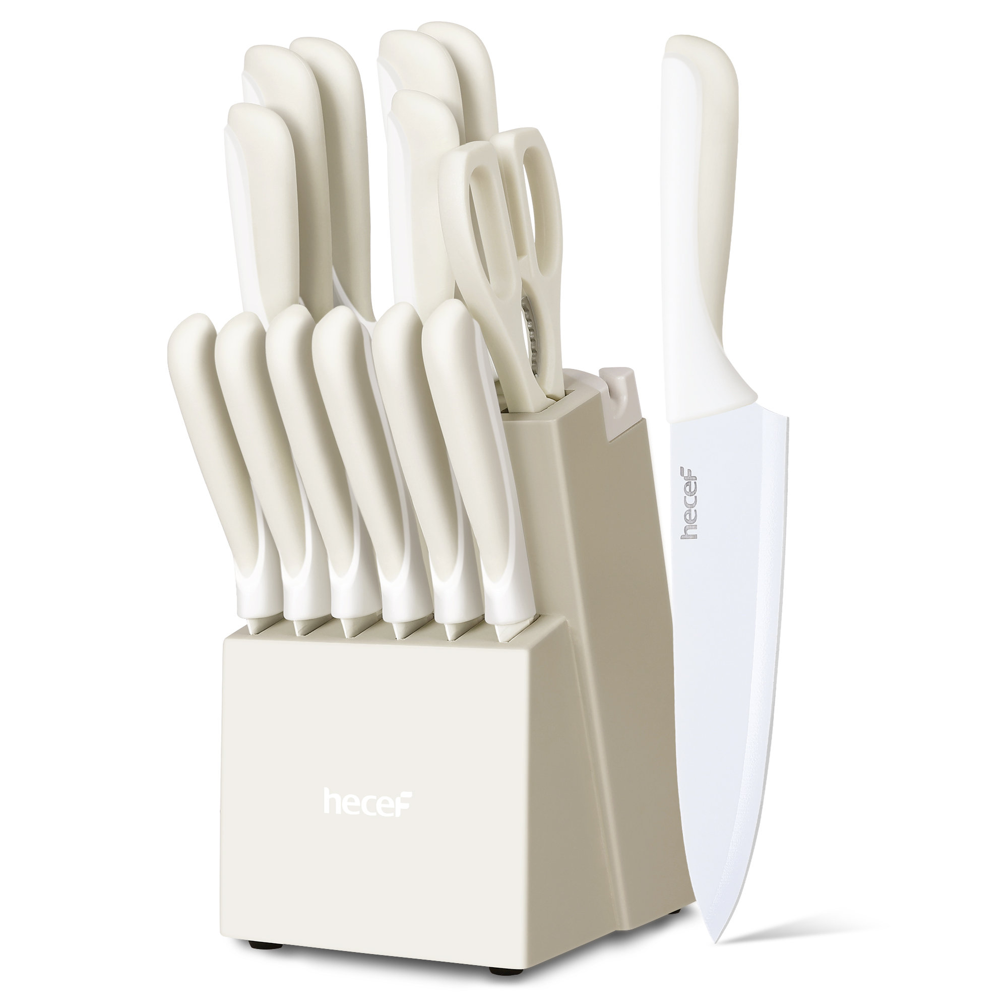 Hecef 15-Piece Kitchen Knife Block Set, High Carbon Stainless Steel ...