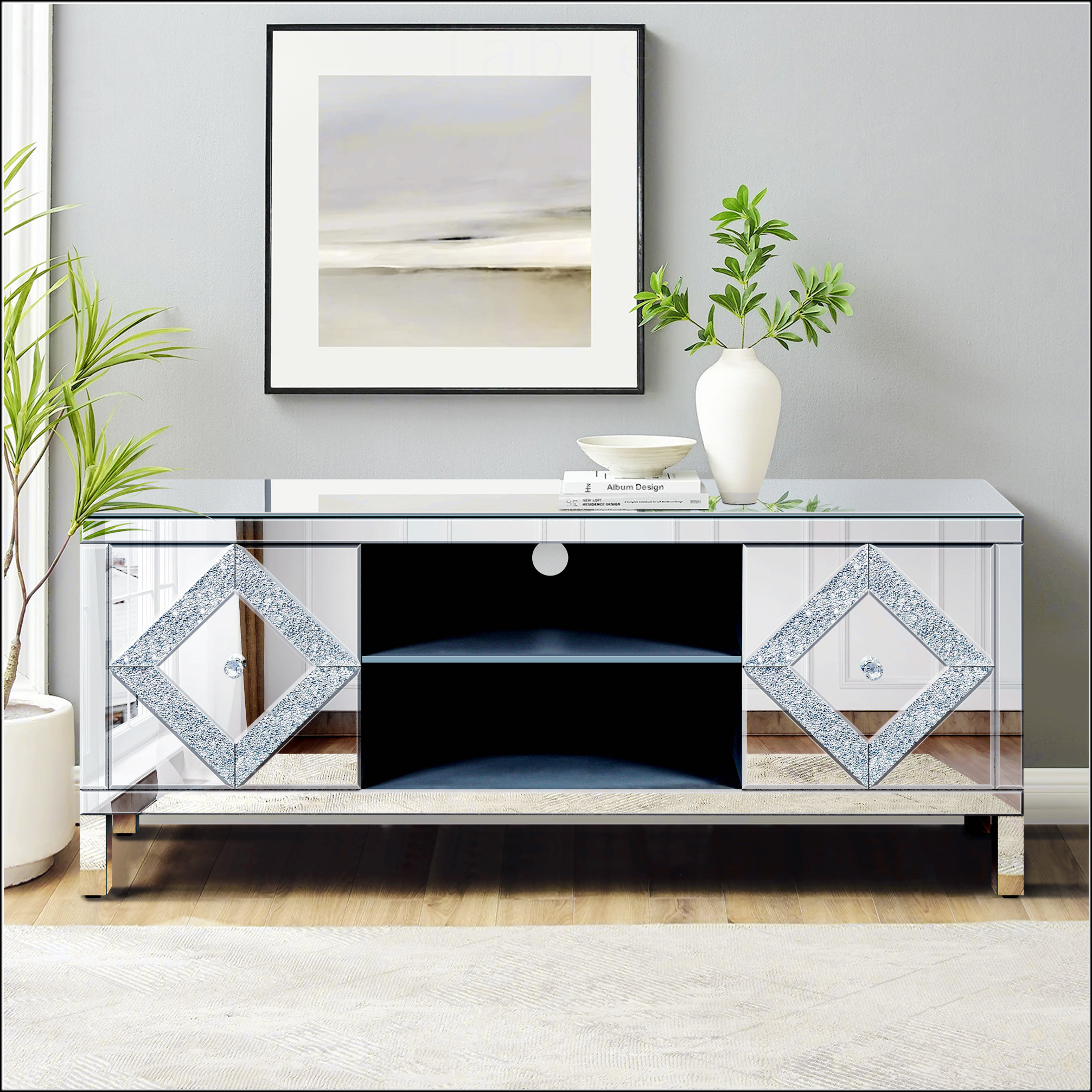 MaMa Mirrored TV Stand For 65+ Inch TV,Sliver TV Console Table With ...
