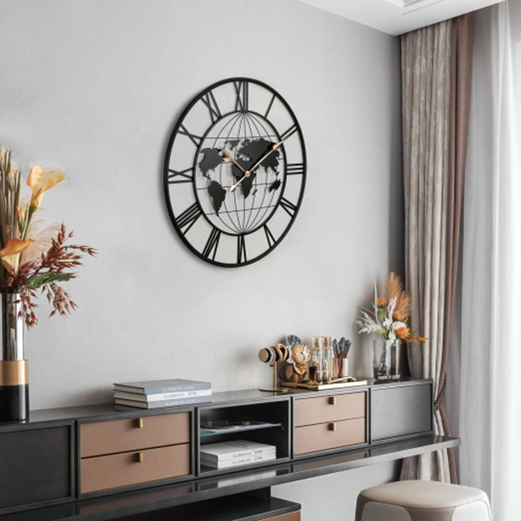 17 Stories 36 Inch Large Black Metal Wall Clock, Modern Silent World ...