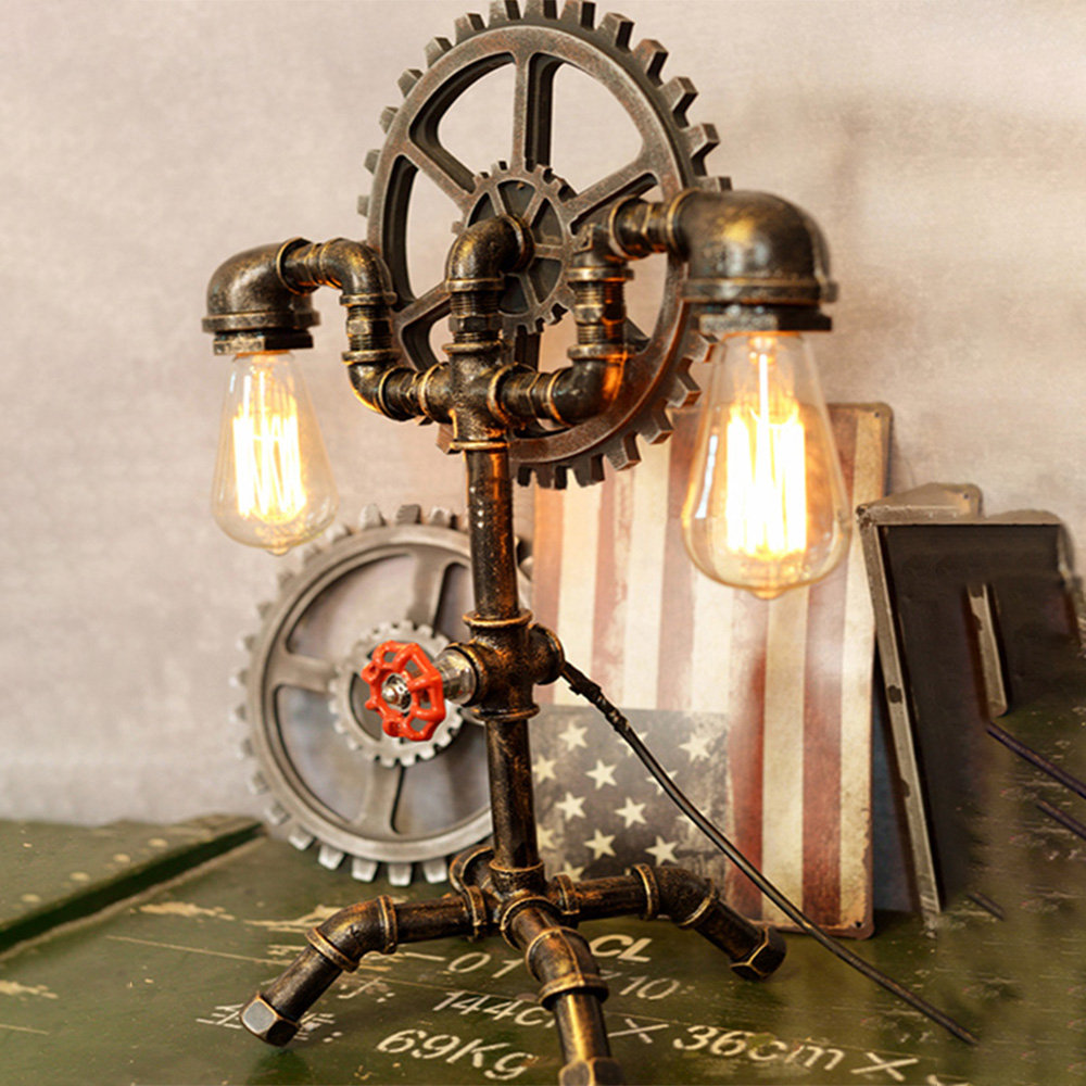 Williston Forge Industrial Rustic 2 Light Table Lamp Steampunk Gear ...