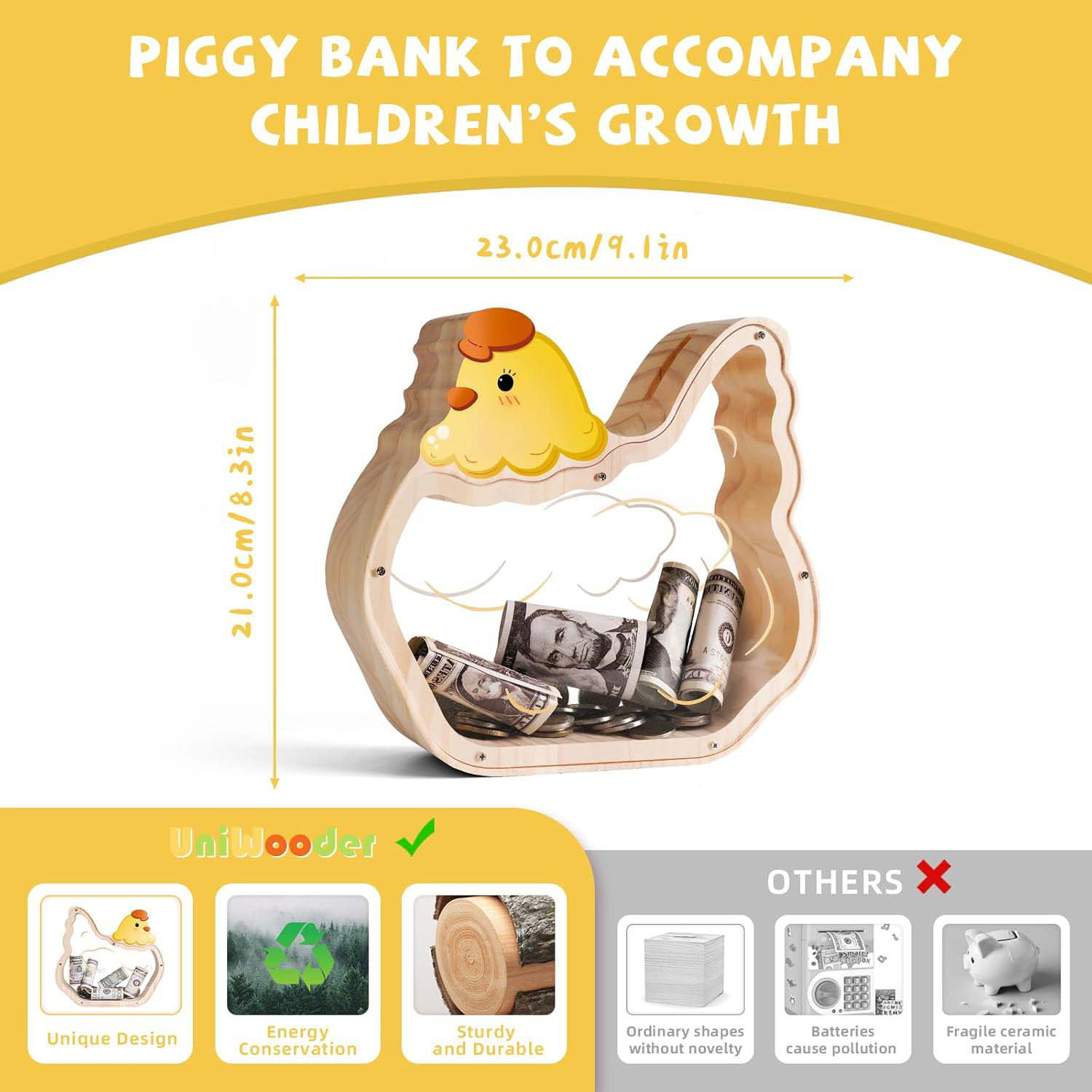 August Grove® Wooden Chicken Piggy Banks For Kids, Unbreakable Pullet ...