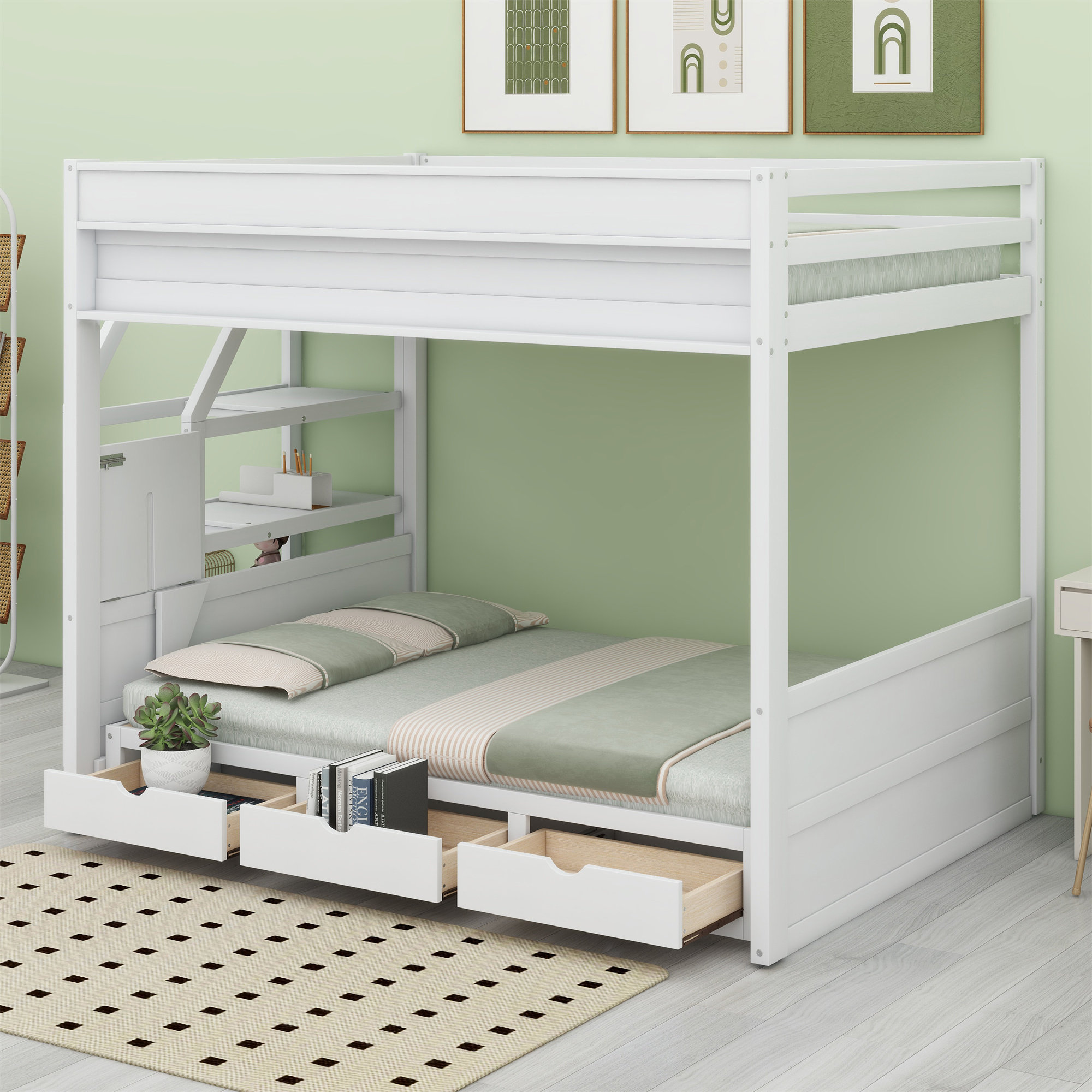 Harriet Bee Convertible Bunk Bed With Storage Staircase, Bedside Table ...