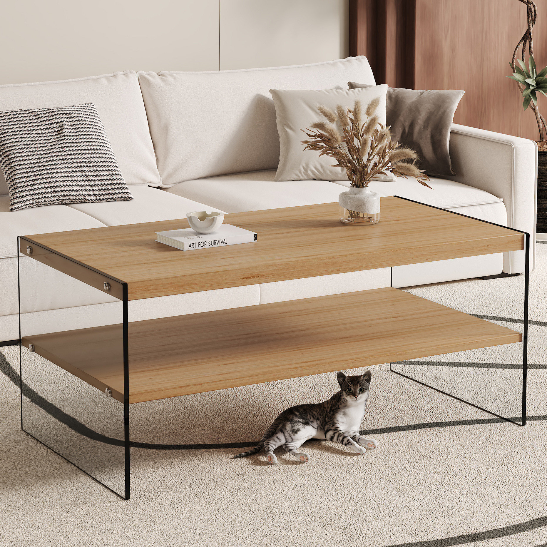 Winston Porter Rectangular Double Layered Coffee Table With Tempered ...