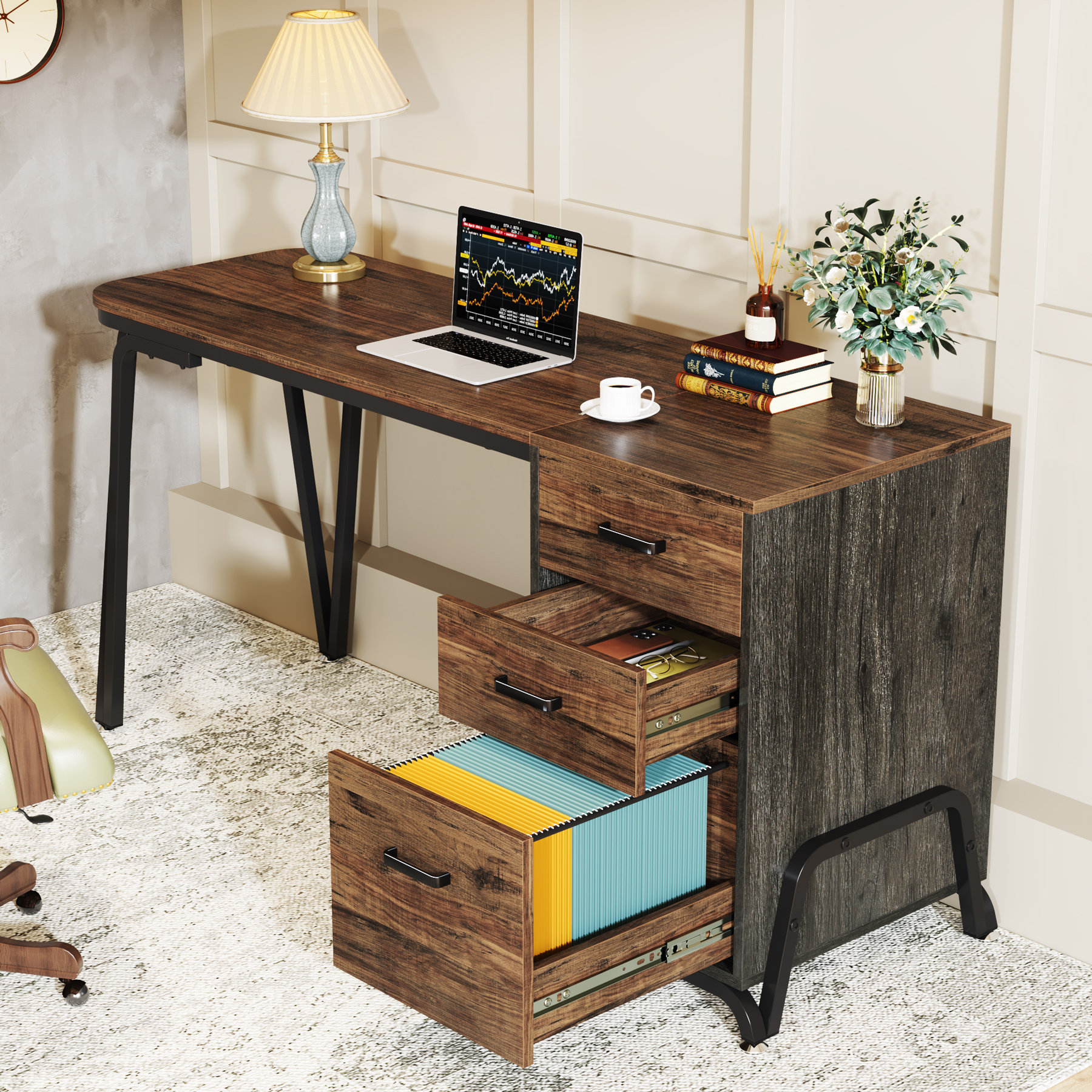 17 Stories Baesemann 55.1" Computer Desk with 3 Drawers | Wayfair