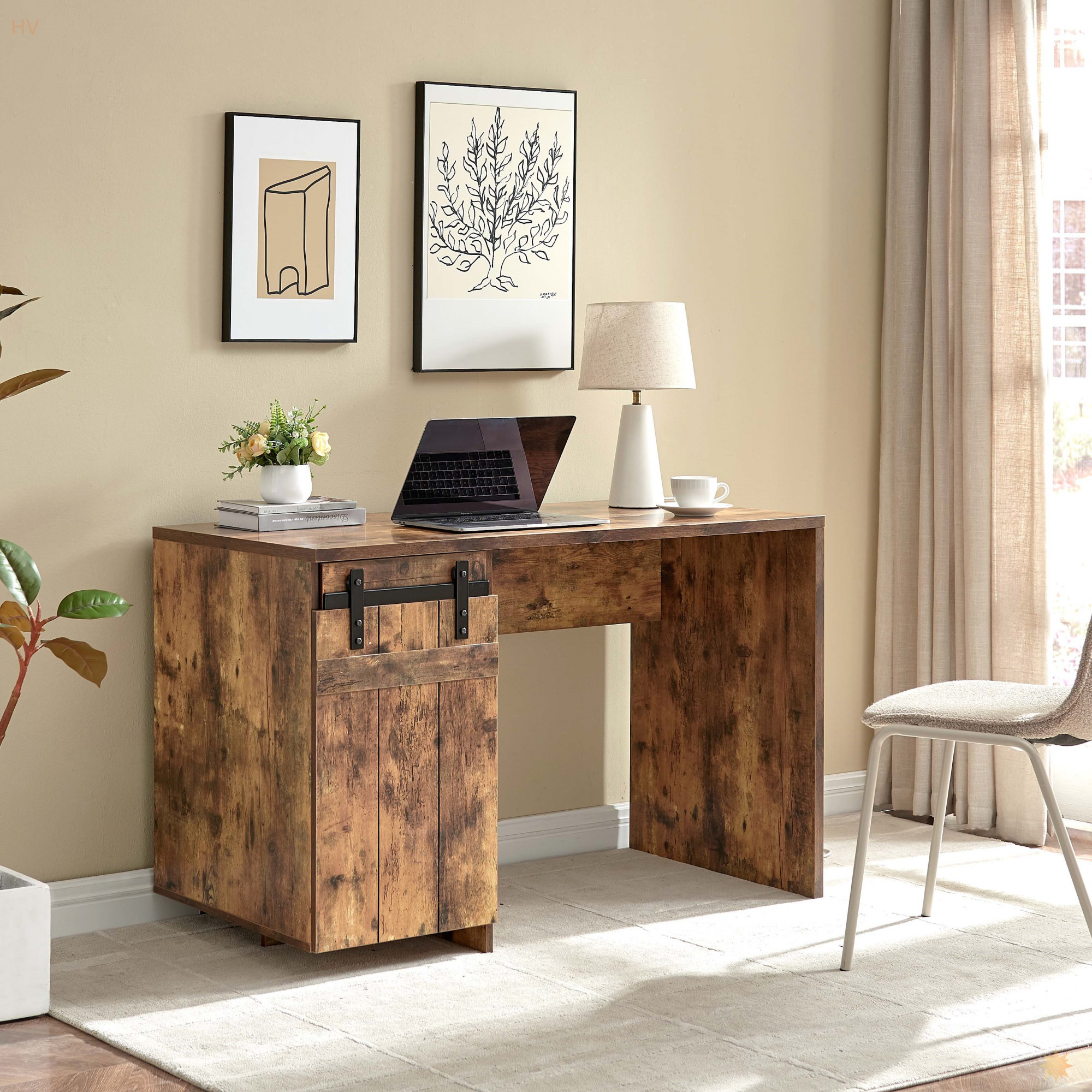 Gracie Oaks Home Office Desk Hazelnut One Cabinet Three Shelves Faux ...