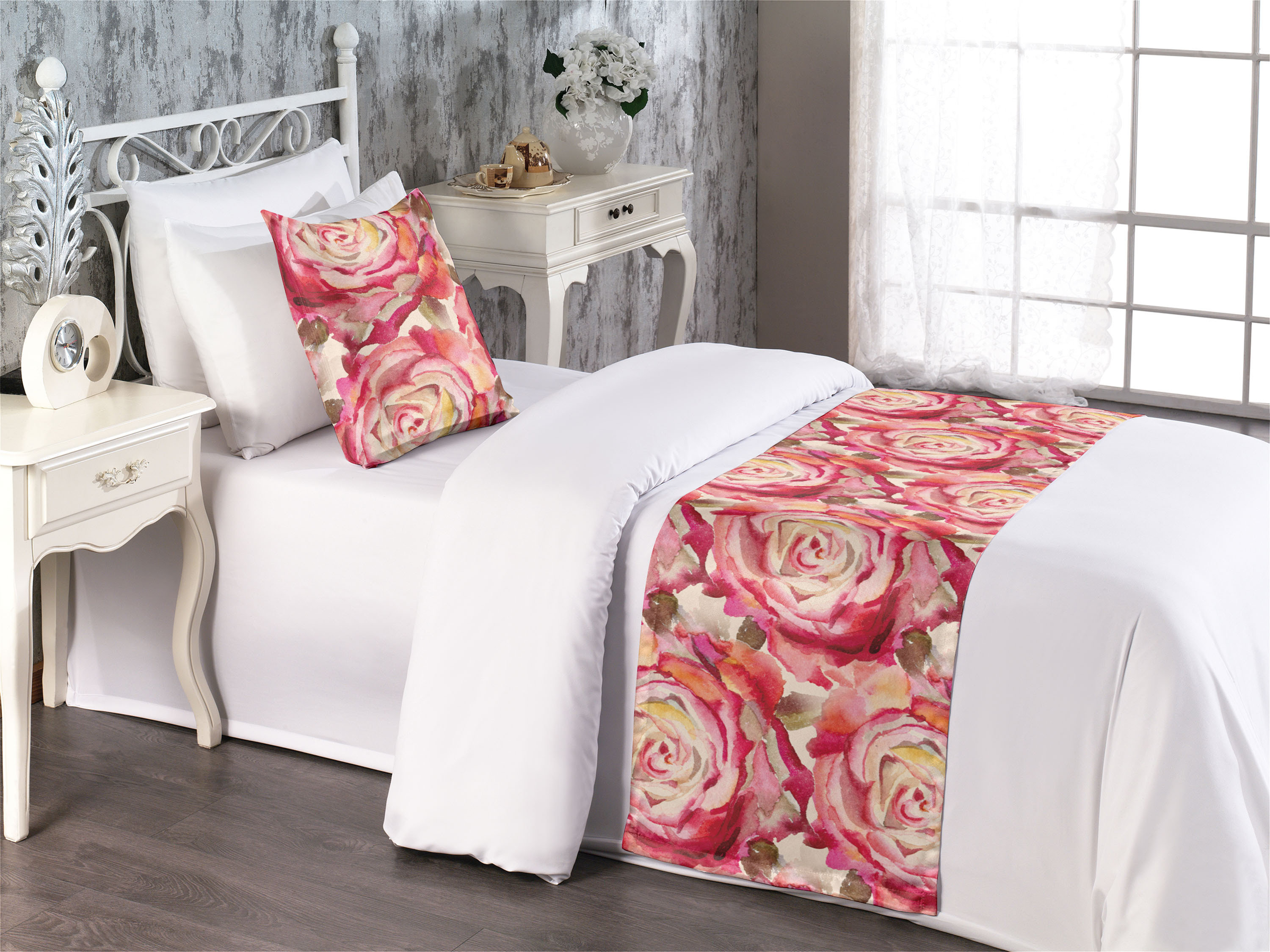 Ambesonne Floral Design Bed Runner Set Retro Rose Pattern Dark Coral ...