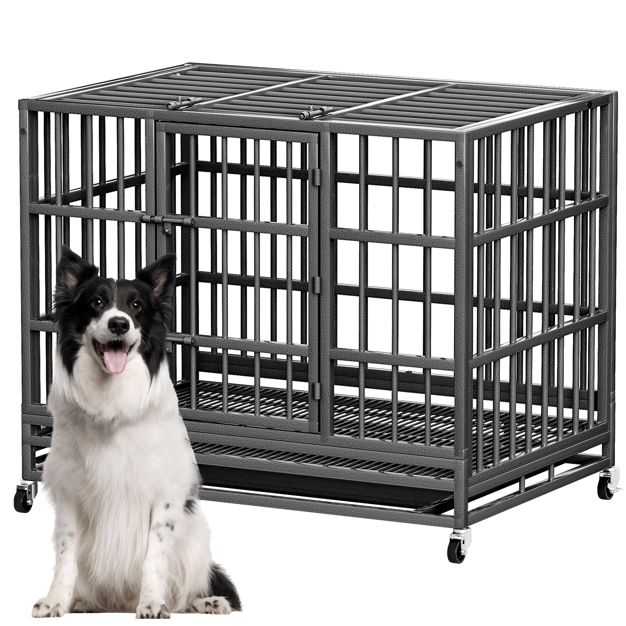Tucker Murphy Pet™ Heavy Duty Dog Crate With Wheels, Removable Tray & Double Door, Dark Sliver ...