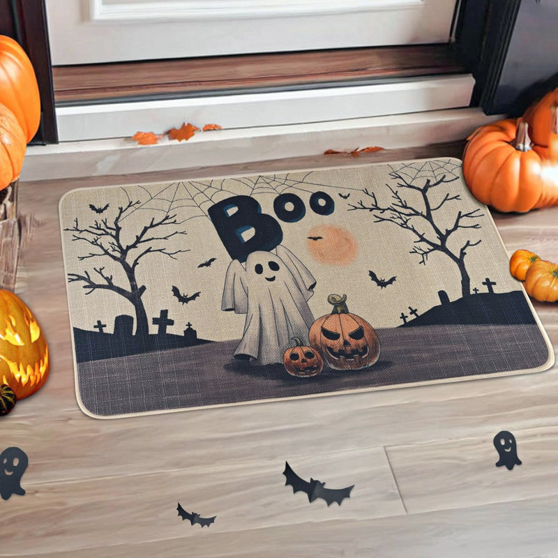 The Holiday Aisle® Halloween Door Mat Spooky Pumpkin Welcome Mat | Wayfair