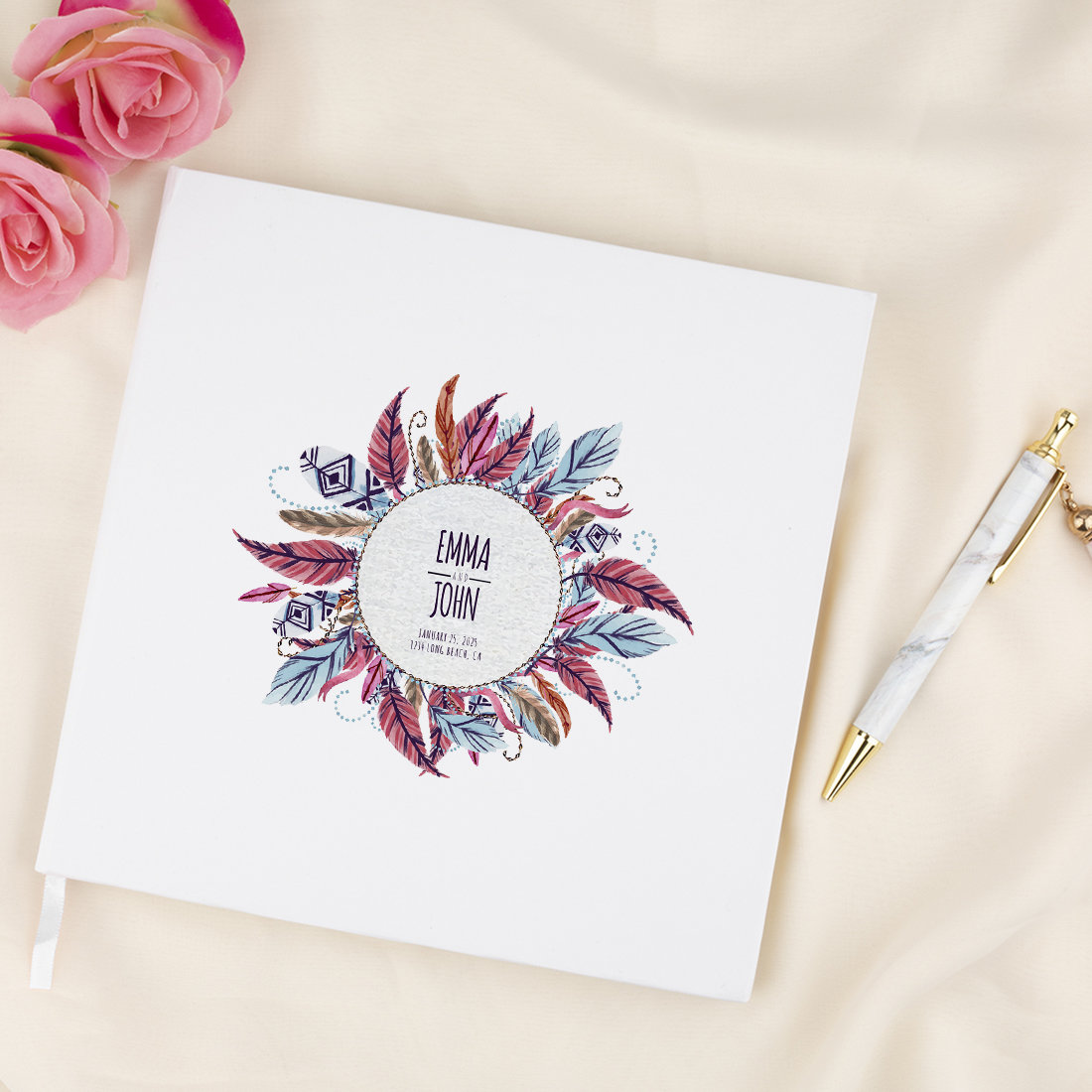 Koyal Wholesale Custom Wedding Guestbook, Round Feather Wreath White ...