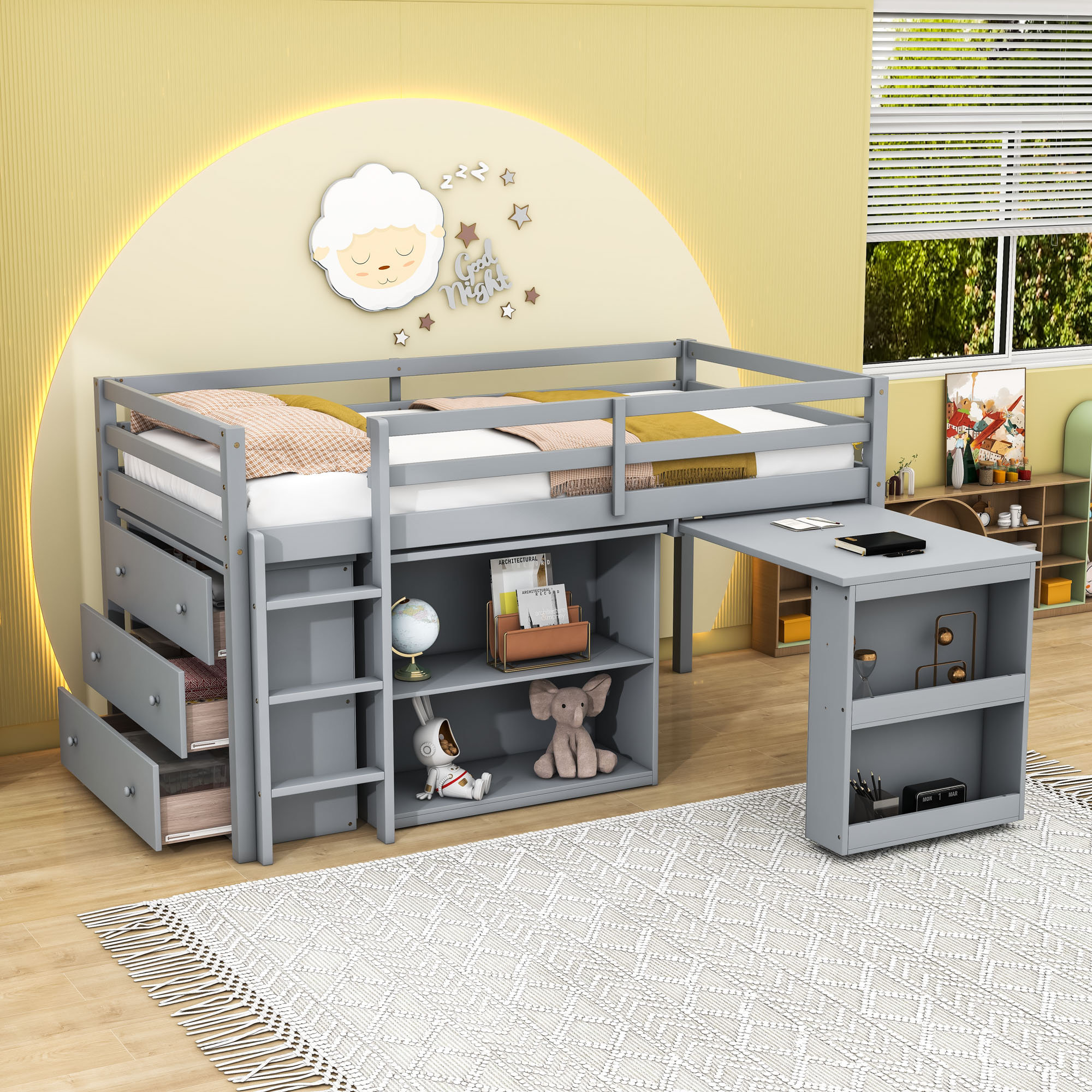 Harriet Bee Twin Wood Loft Bed With 3 Drawers And Sheves And Pull-Out ...