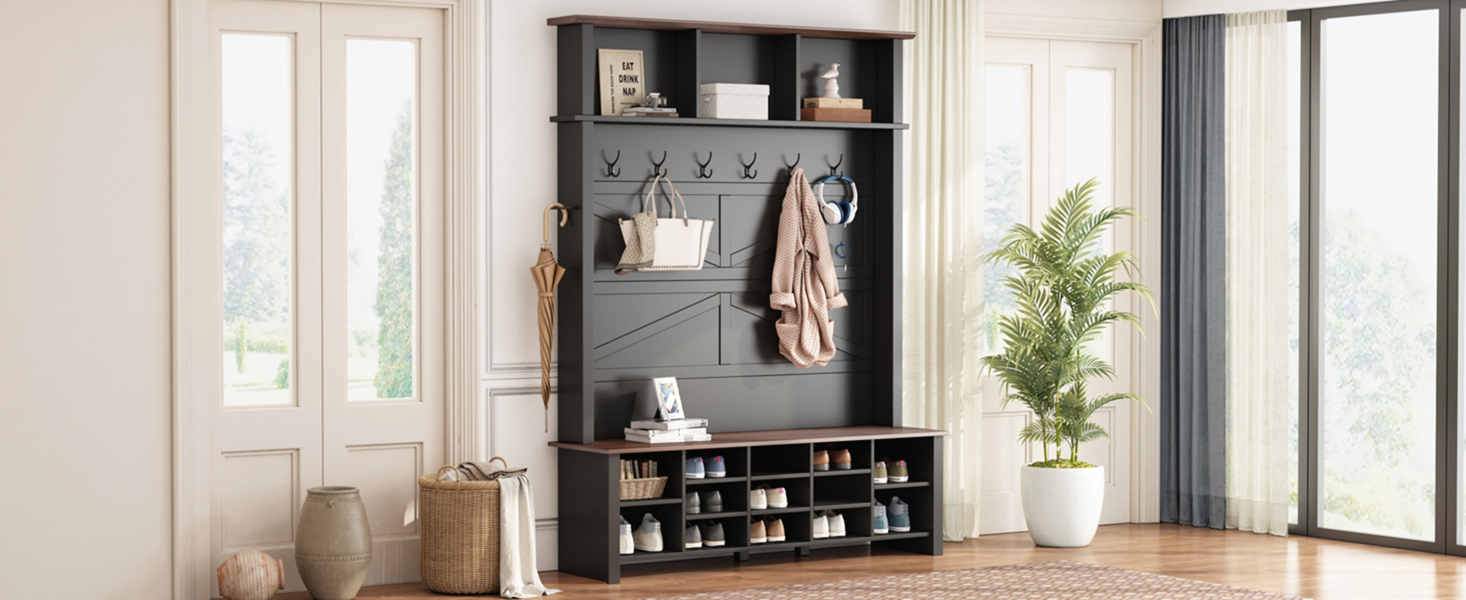 Gracie Oaks Farmhouse 4-in-1 Hall Tree with 6 Hooks | Wayfair