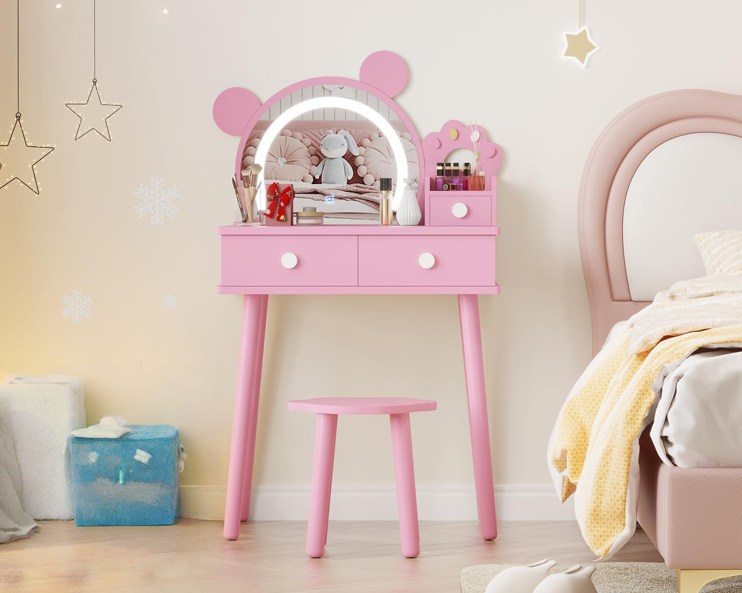 Ebern Designs Kids Vanity Table with Lights,Cute Bear-Shaped Dressing ...