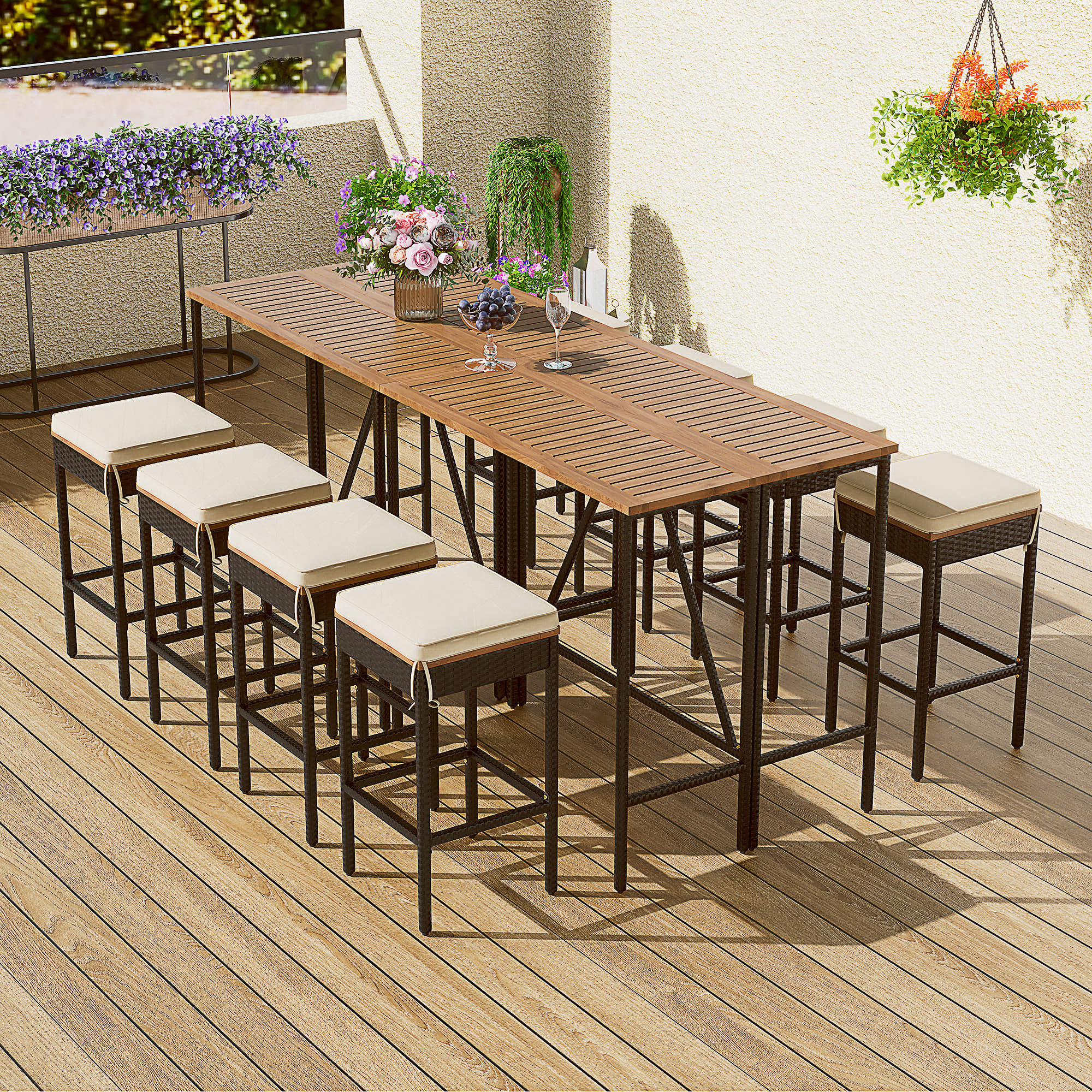 17 Stories 10-Piece Outdoor Acacia Wood Bar Height Table And Eight ...