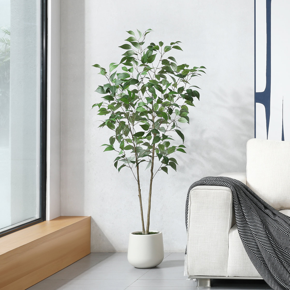 Primrue Adcock Faux Ficus Tree with Round White Planter, Pre Potted ...