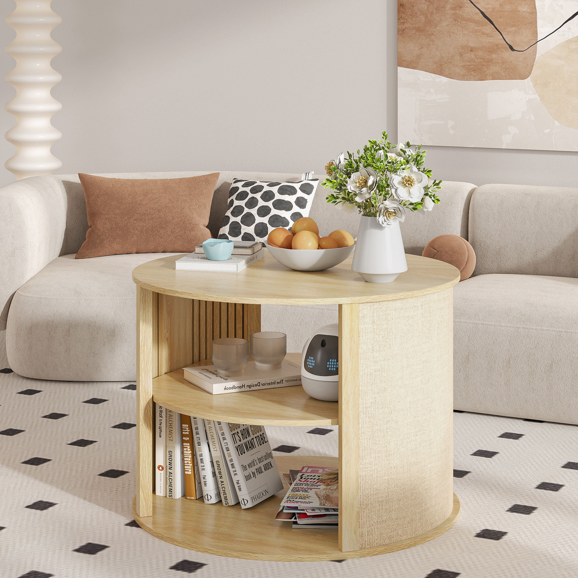 Bay Isle Home™ Boho Round Coffee Table With 2-tier Storage Shelves ...