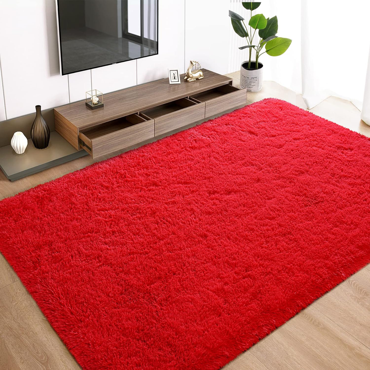 Mercer41 Plush Red Fluffy Rug 6' X 9' Ultra Soft Furry Bedroom Rugs ...