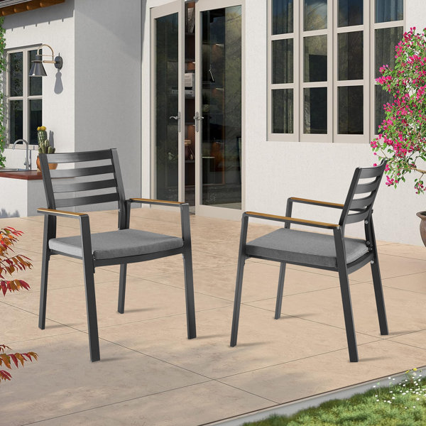 Latitude Run® Patio Stackable Aluminum Dining Chairs With Teak Arm And ...