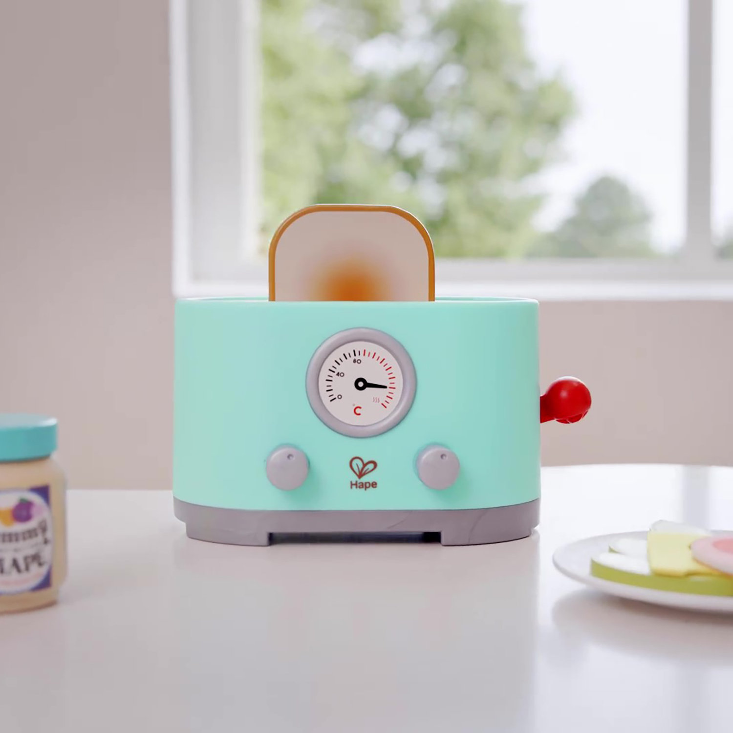 Hape: Ding & Pop-Up Toaster - 15pc Teal Wooden Food Playset, Sound ...