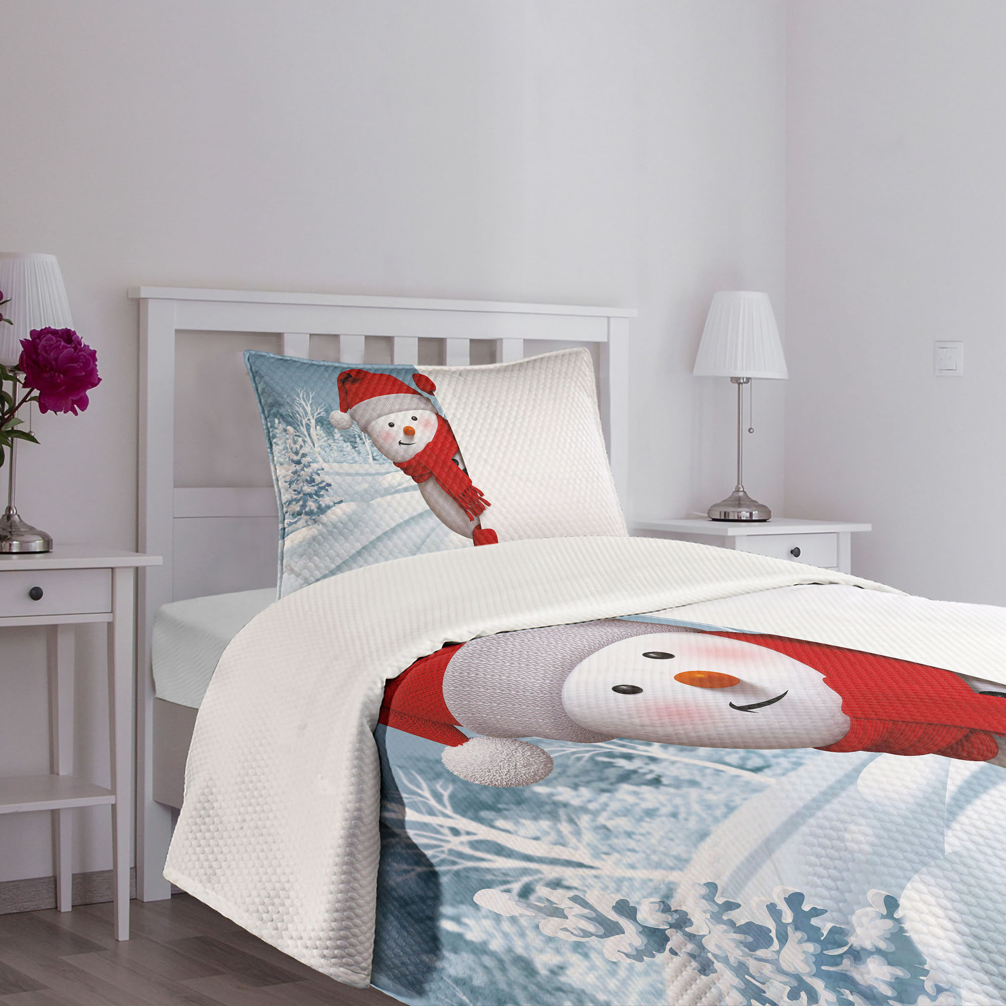 Ambesonne Ambensonne Snowman Bedspread Funny Peaceful Woods Red ...