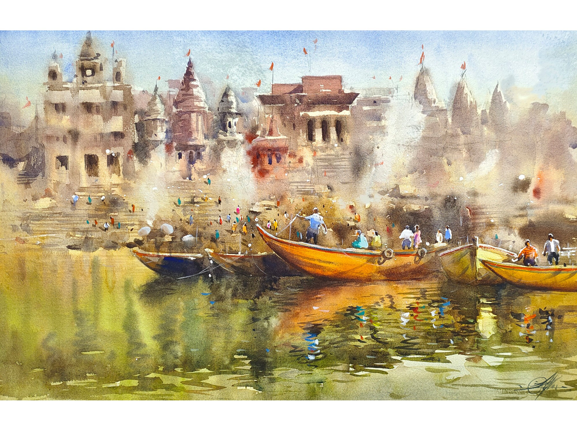 Exotic India Visitors At Varanasi Ghat | Watercolor Painting By ...