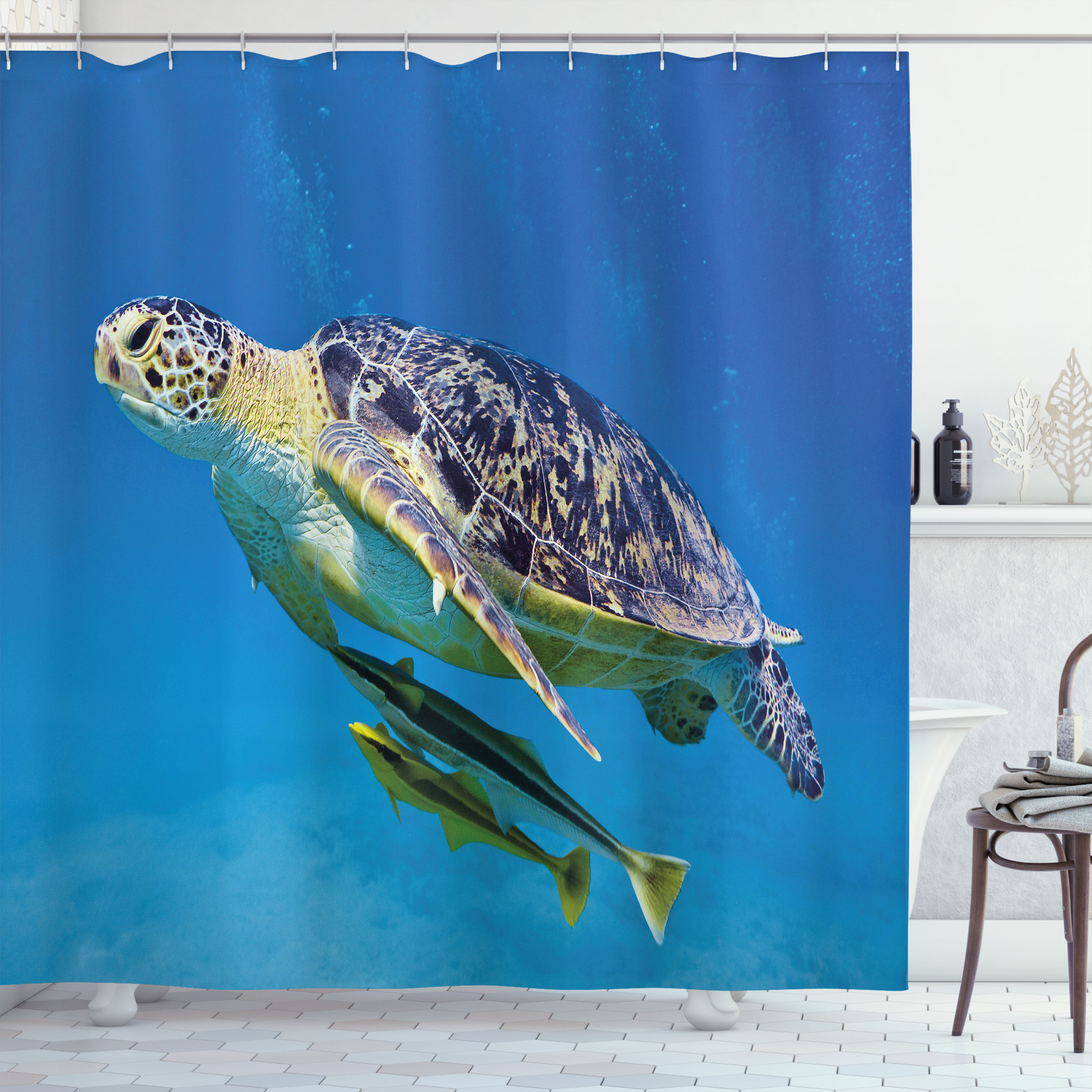East Urban Home Turtle Shower Curtain Fishes Swimming Ocean Blue Yellow ...